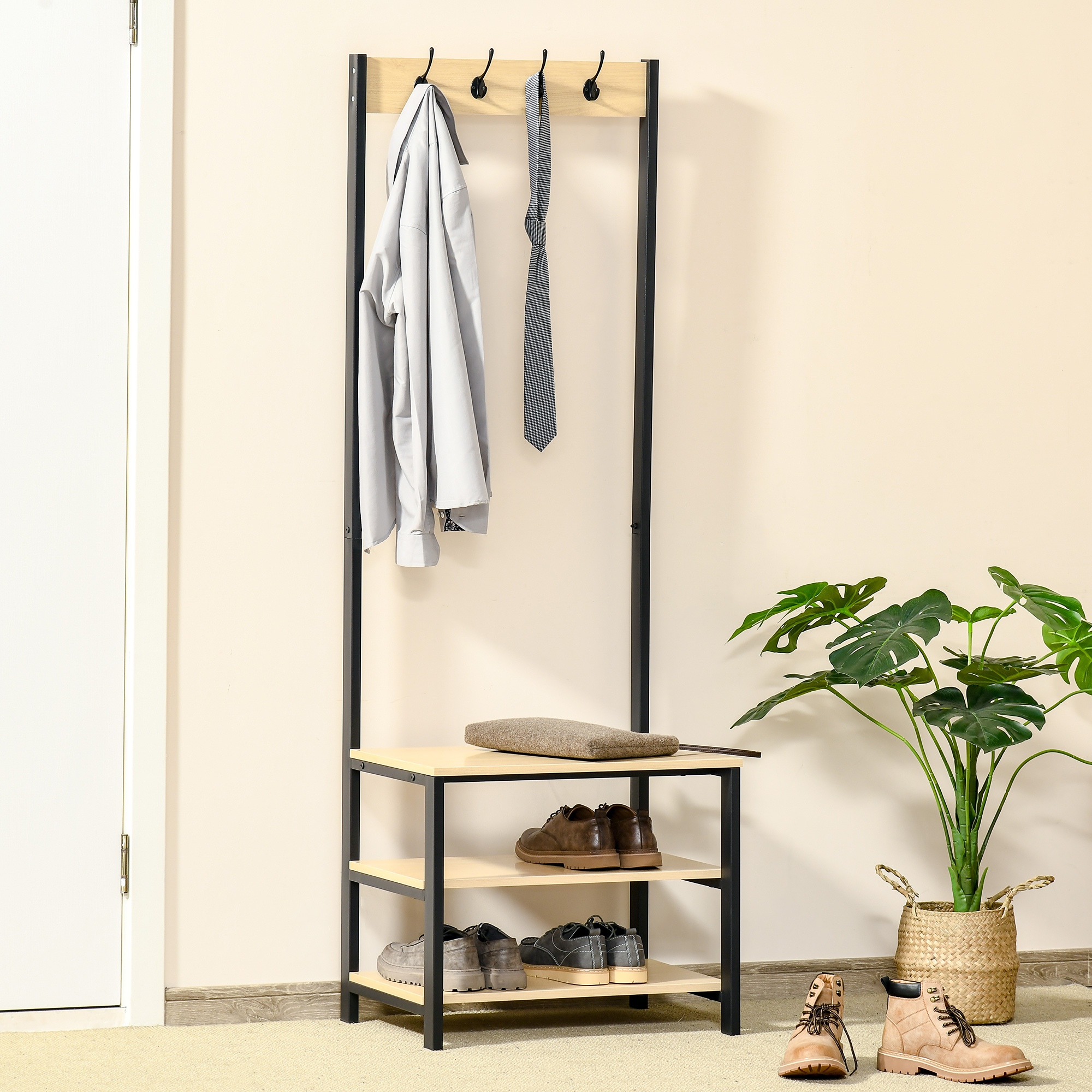 4 Hooks Wooden Garment Rack Freestanding Coat Rail Storage Shelves ...