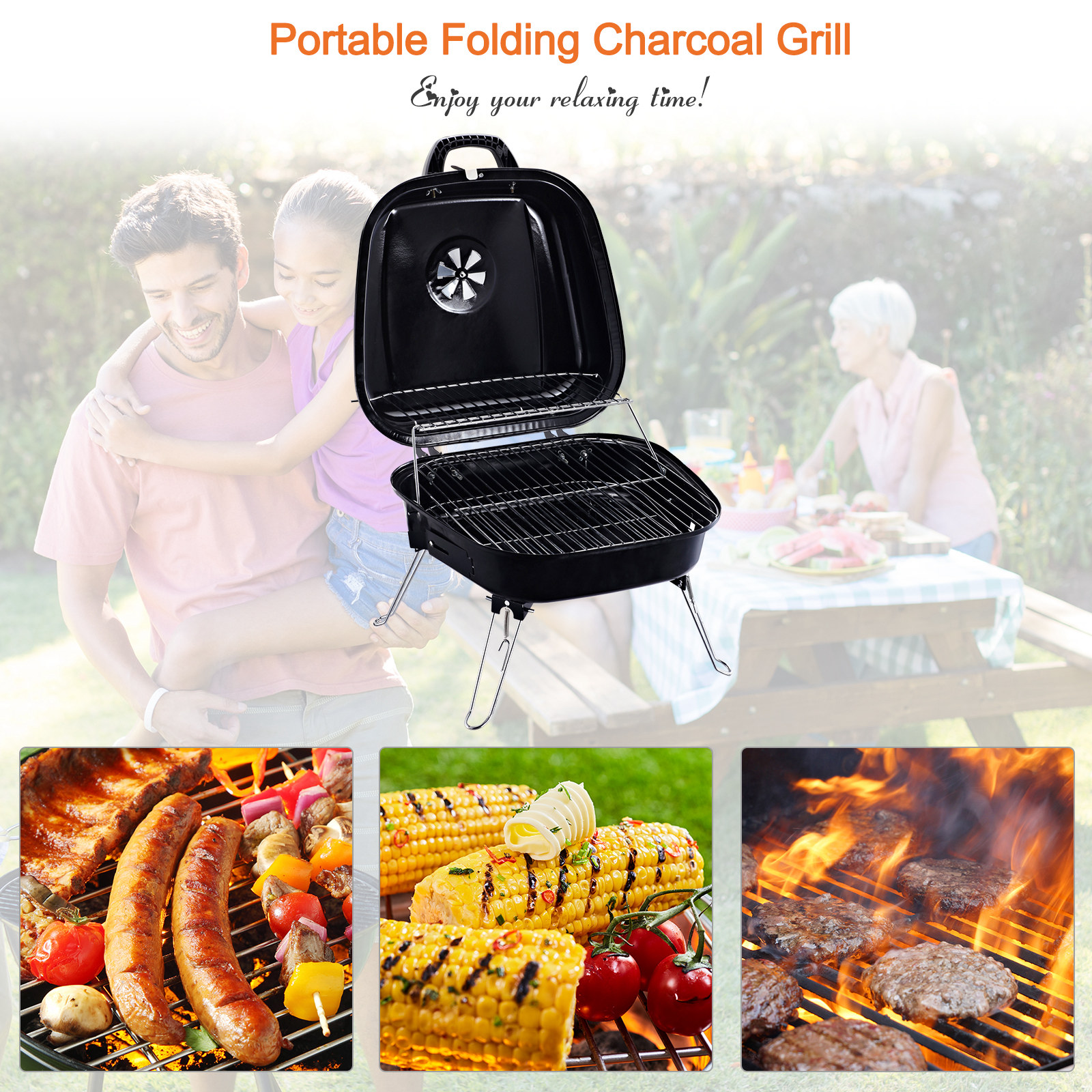 Portable Charcoal Grill Charcoal BBQ Iron Steel Grill w/ Grid Black on ...