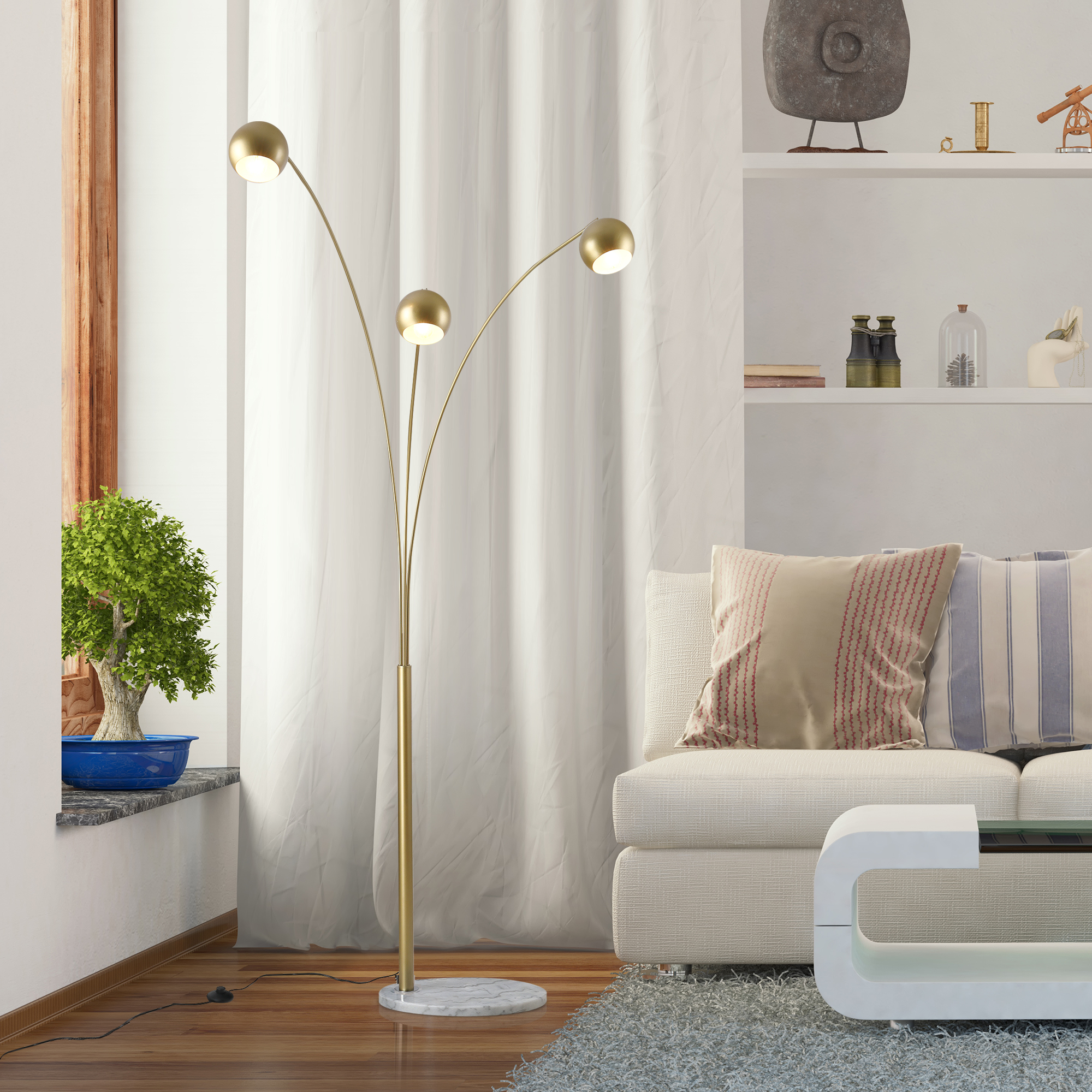 3-Branch Futuristic Floor Lamp Metal Frame Multi-Light Shade Adjustable ...