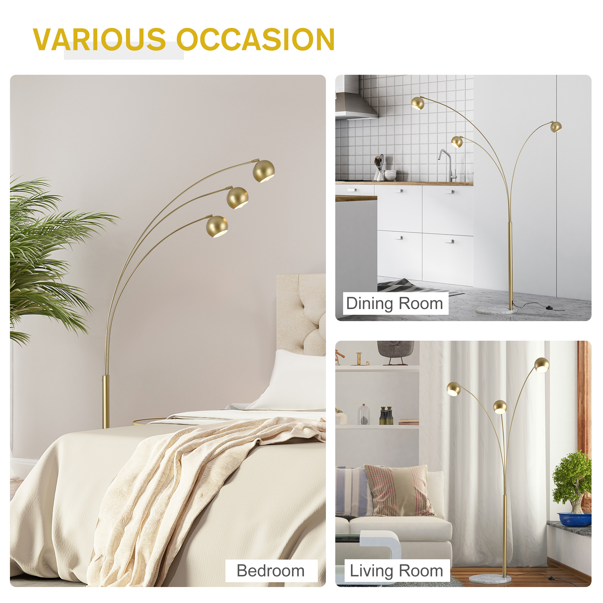 3-Branch Futuristic Floor Lamp Metal Frame Multi-Light Shade Adjustable ...
