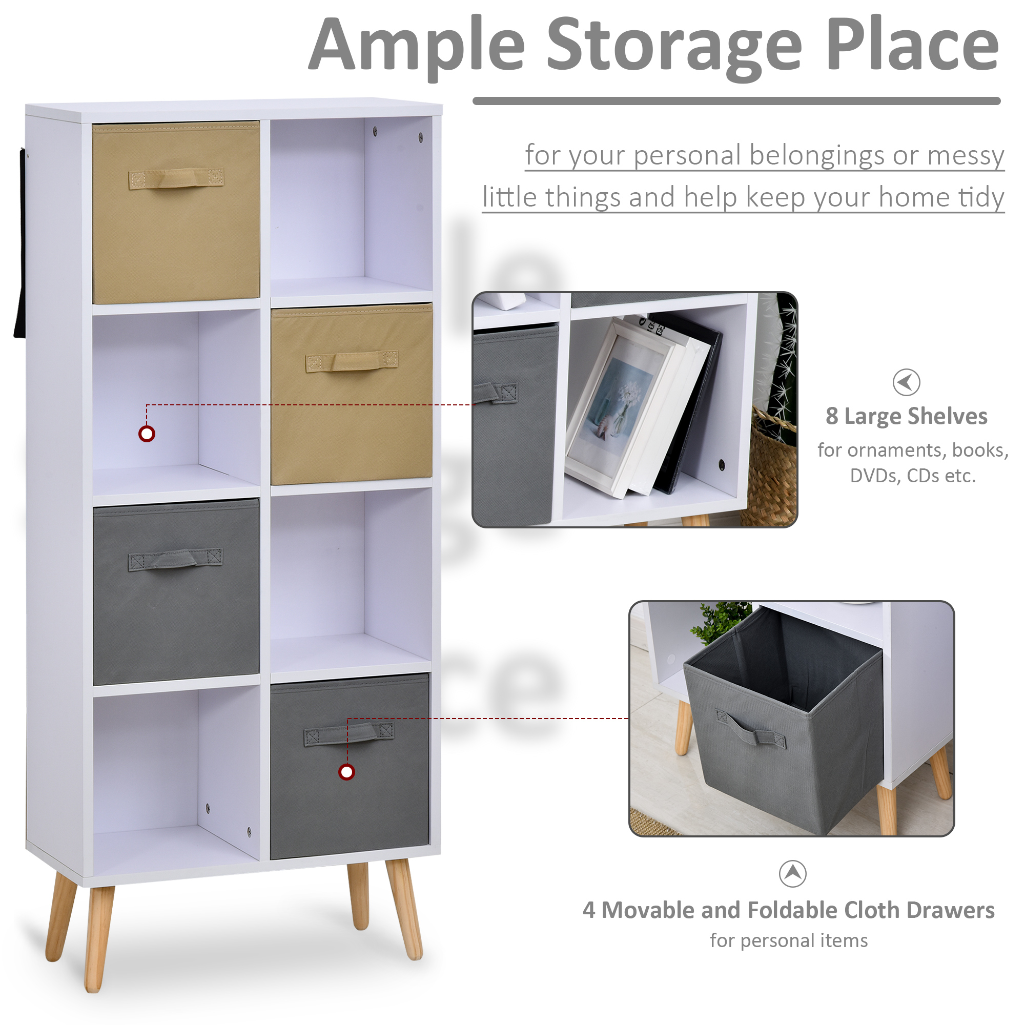 Freestanding 8 Cube Storage Cabinet Unit w/ 4 Fabric Drawers Handles ...