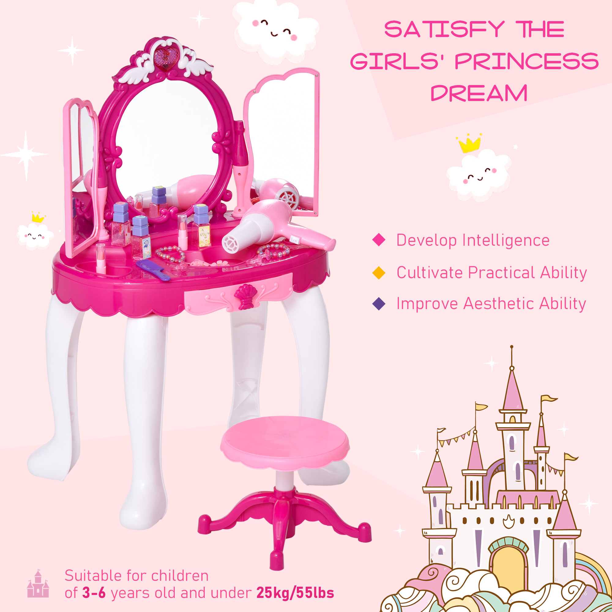 Kids Pretend Play Plastic Vanity Table Set w/ Sound Effect Pink on ...
