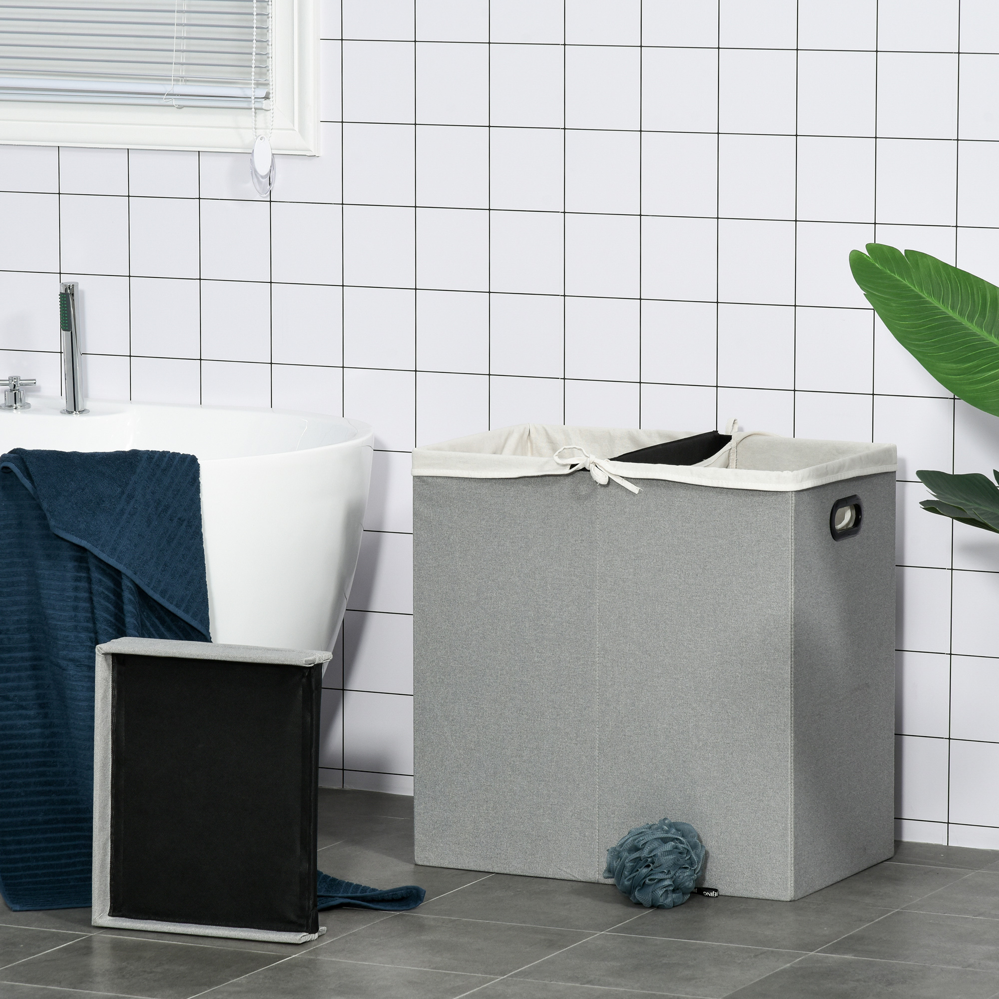 Linen Folding Laundry Basket, Hamper Bin with 2 Sections, Lid and ...