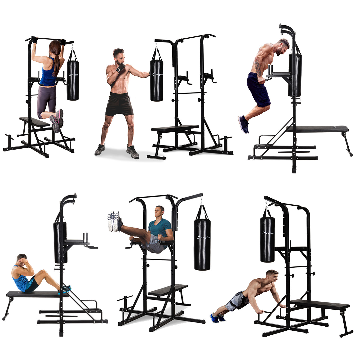 HOMCOM Home Gym Power Tower with Bench and Punching Bag, Multi-Function ...