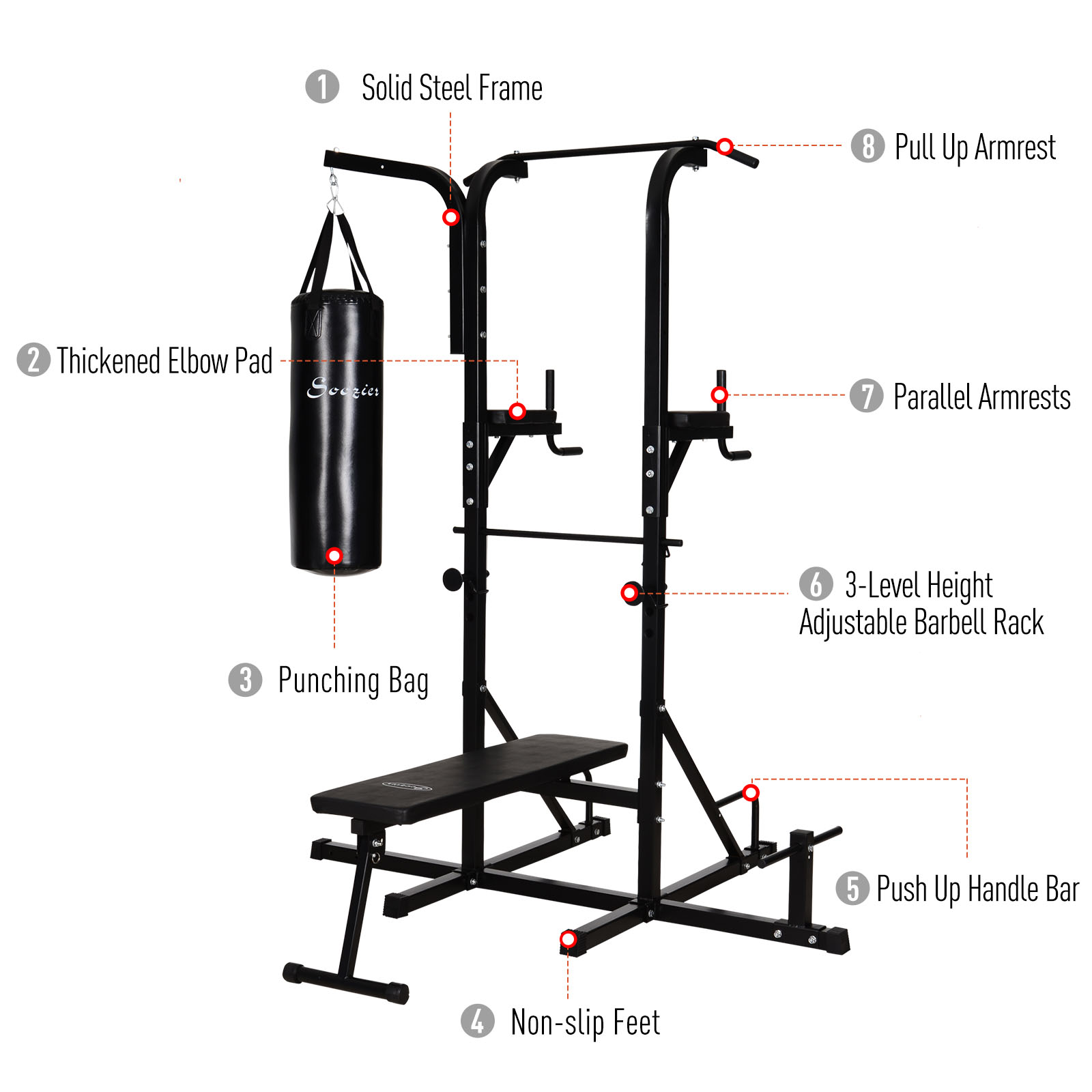 HOMCOM Home Gym Power Tower with Bench and Punching Bag, Multi-Function ...