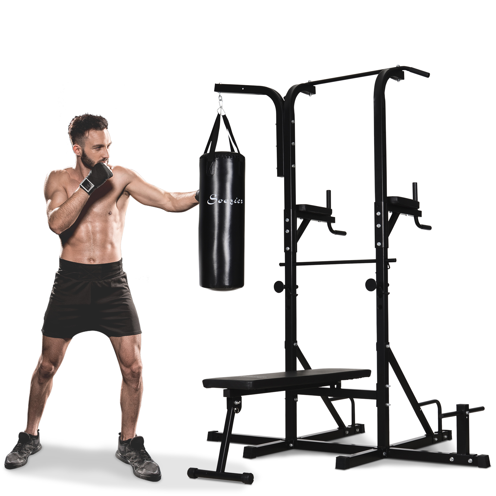 HOMCOM Home Gym Power Tower with Bench and Punching Bag, Multi-Function ...