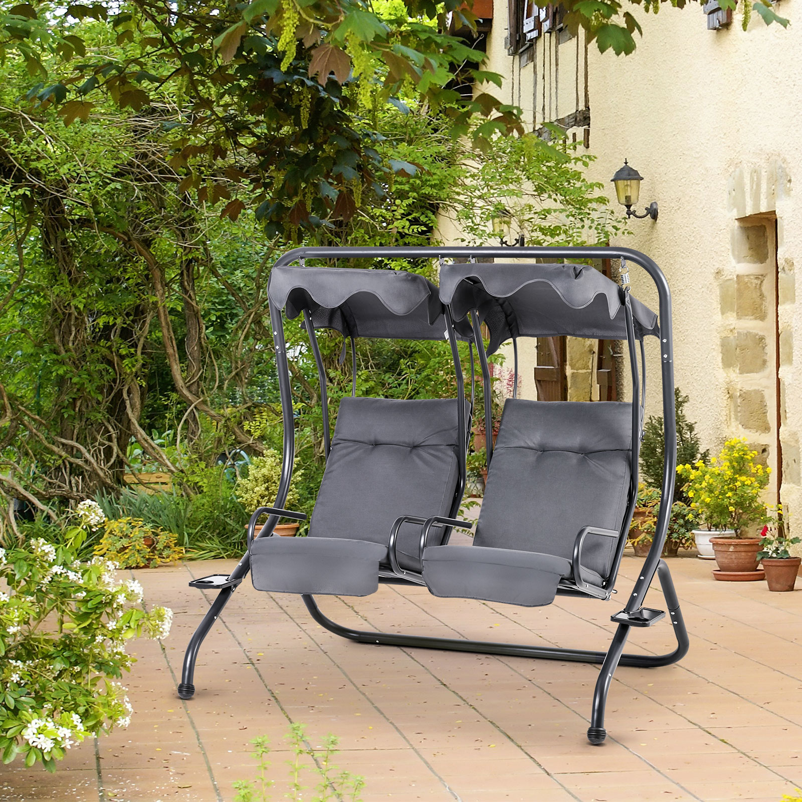 Outsunny Canopy Swing Modern Outdoor Relax Chairs w/ 2 Separate Chairs ...