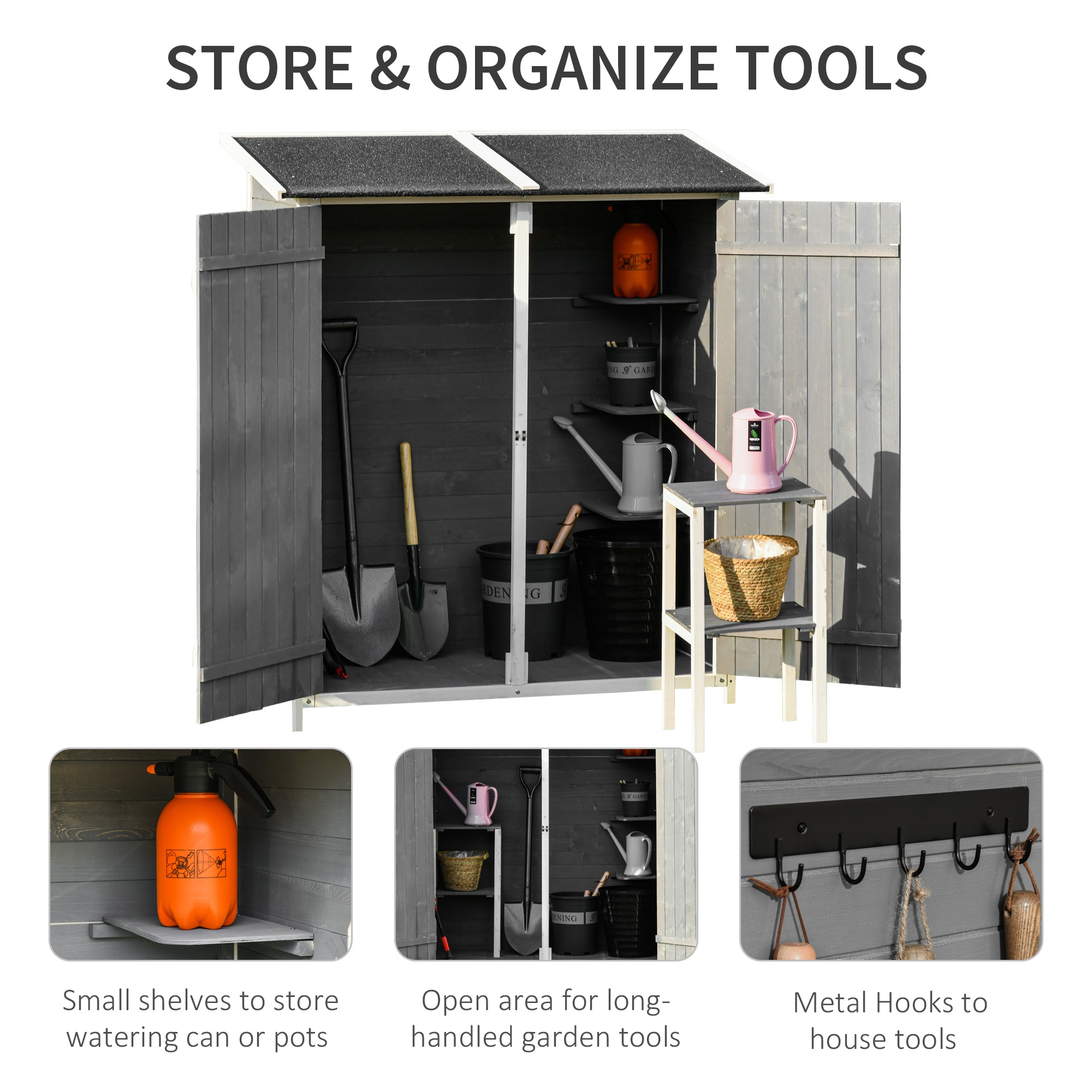 Outsunny Garden Wood Storage Shed w/ Storage Table, Hooks and Ground ...
