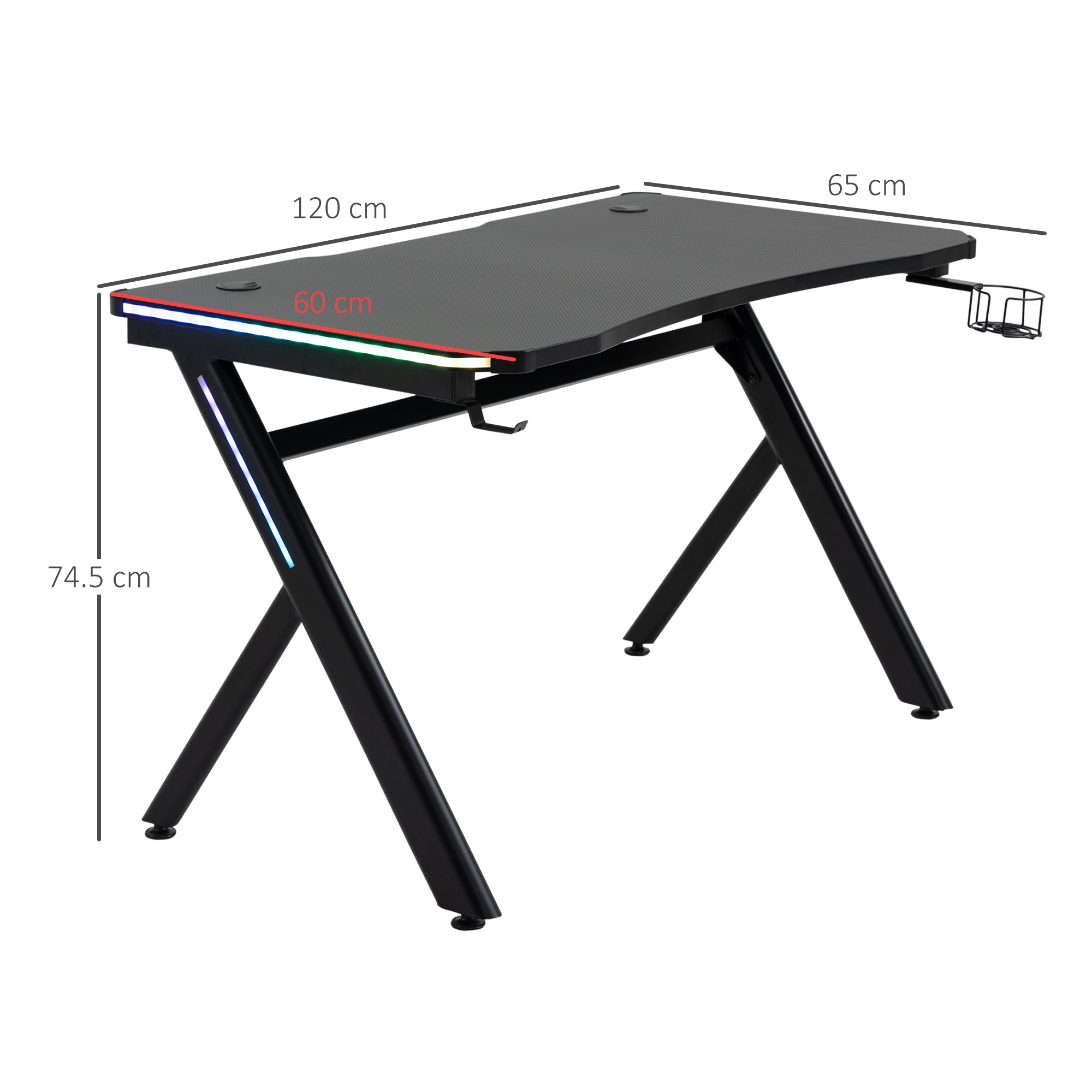 HOMCOM Gaming Desk Computer Table Metal Frame with LED Light, Cup ...