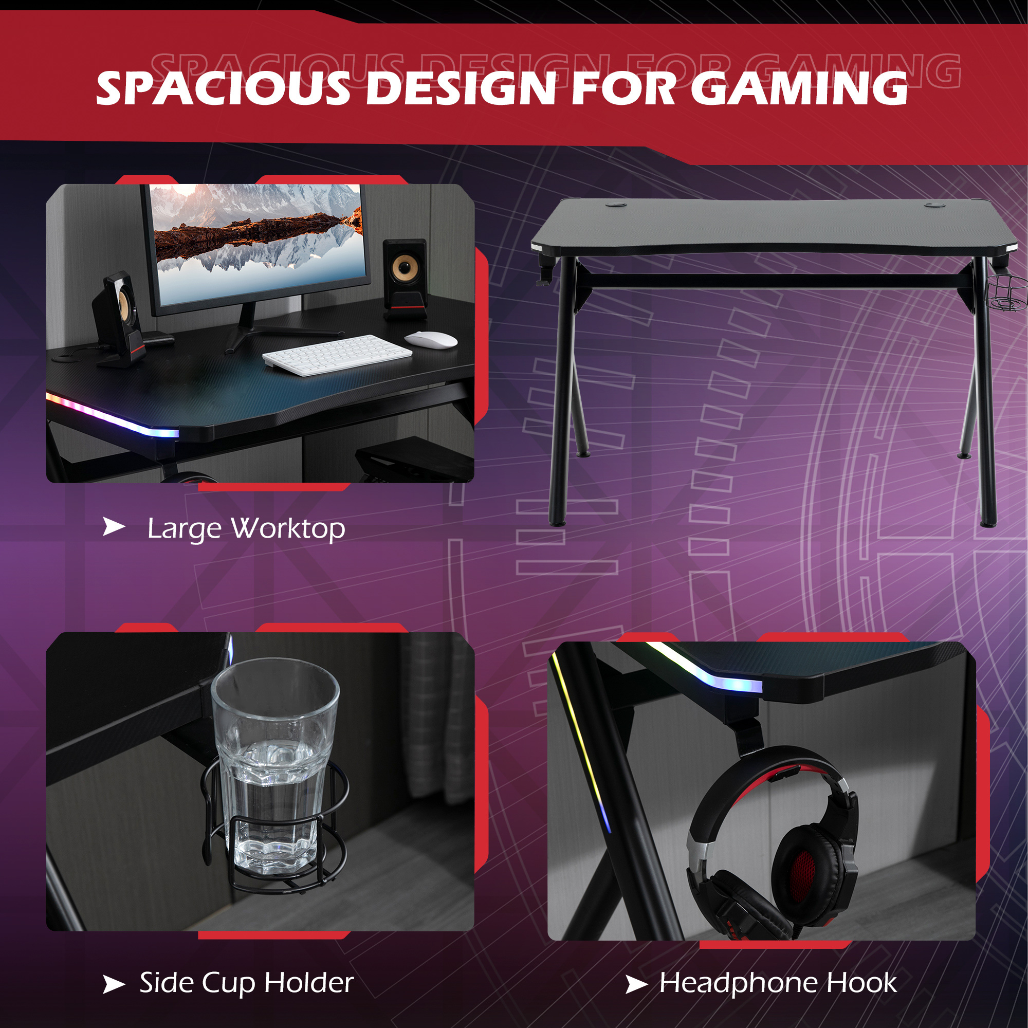 HOMCOM Gaming Desk Computer Table Metal Frame with LED Light, Cup ...