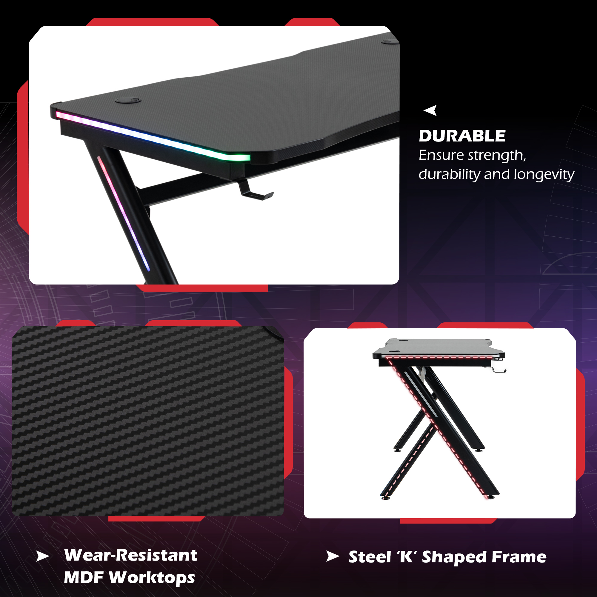 HOMCOM Gaming Desk Computer Table Metal Frame with LED Light, Cup ...