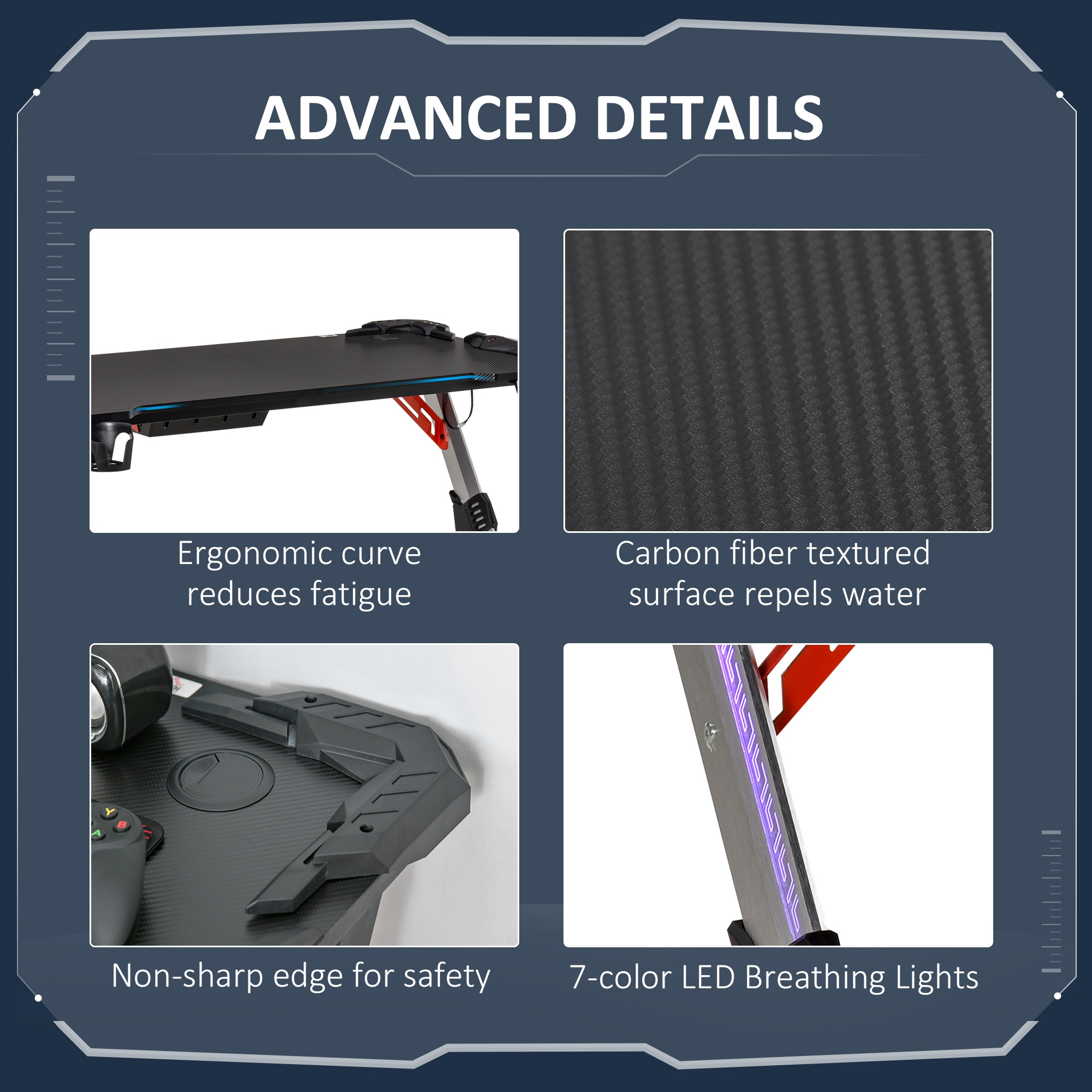 HOMCOM LED Breathing Lights Gaming Desk Computer Desk Carbon Fiber Feel ...