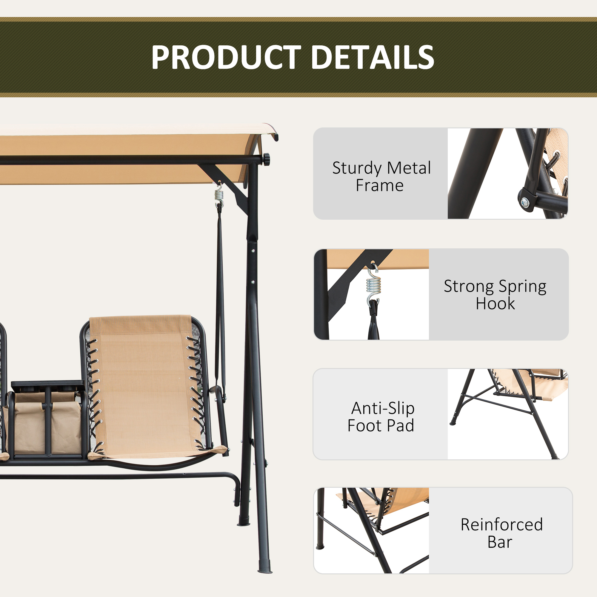 Outsunny 2-Seater Swing Chair Steel Frame Adjustable Canopy Texteline ...