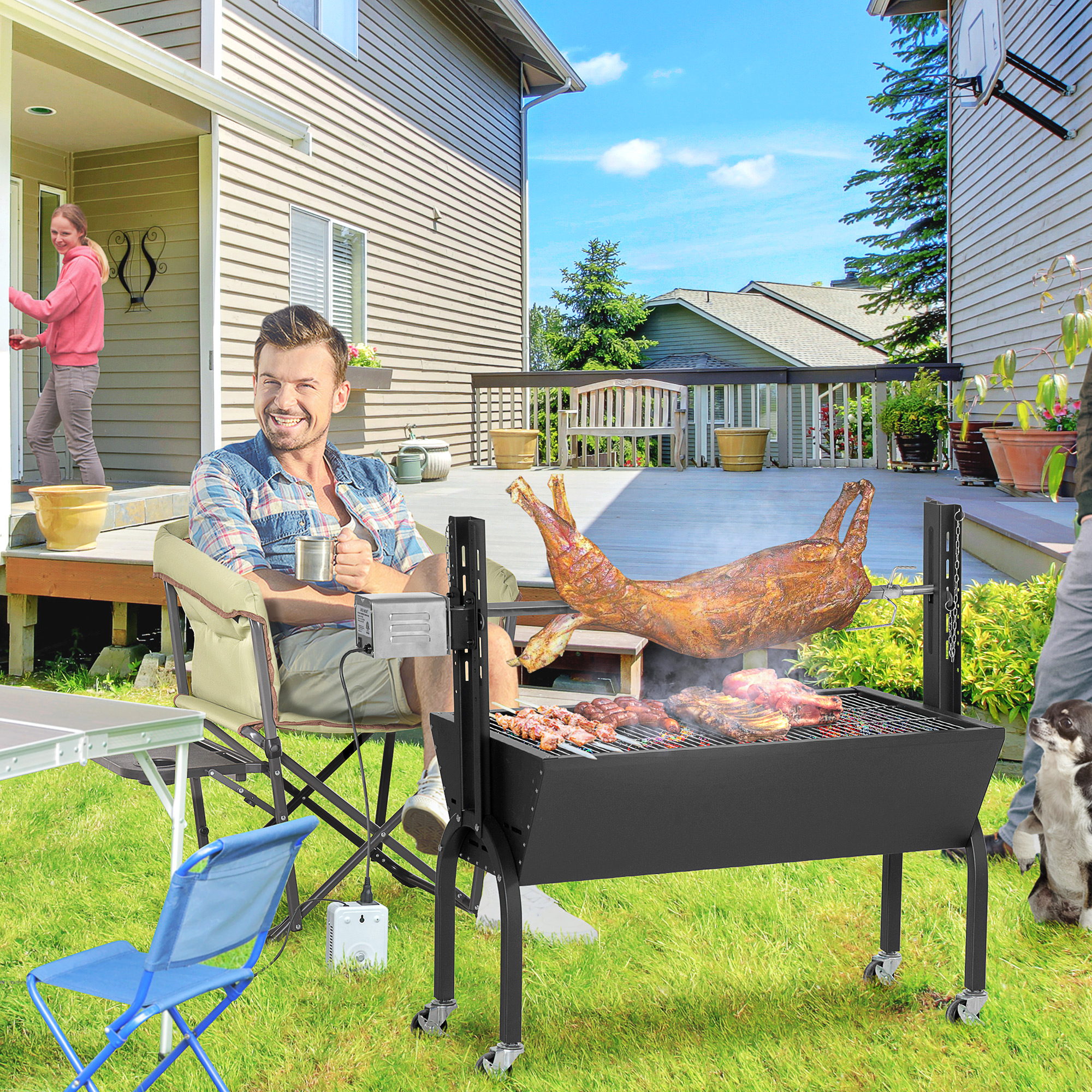 Outsunny Charcoal BBQ Rotisserie Grill Roaster 50kg Bearing Electric ...