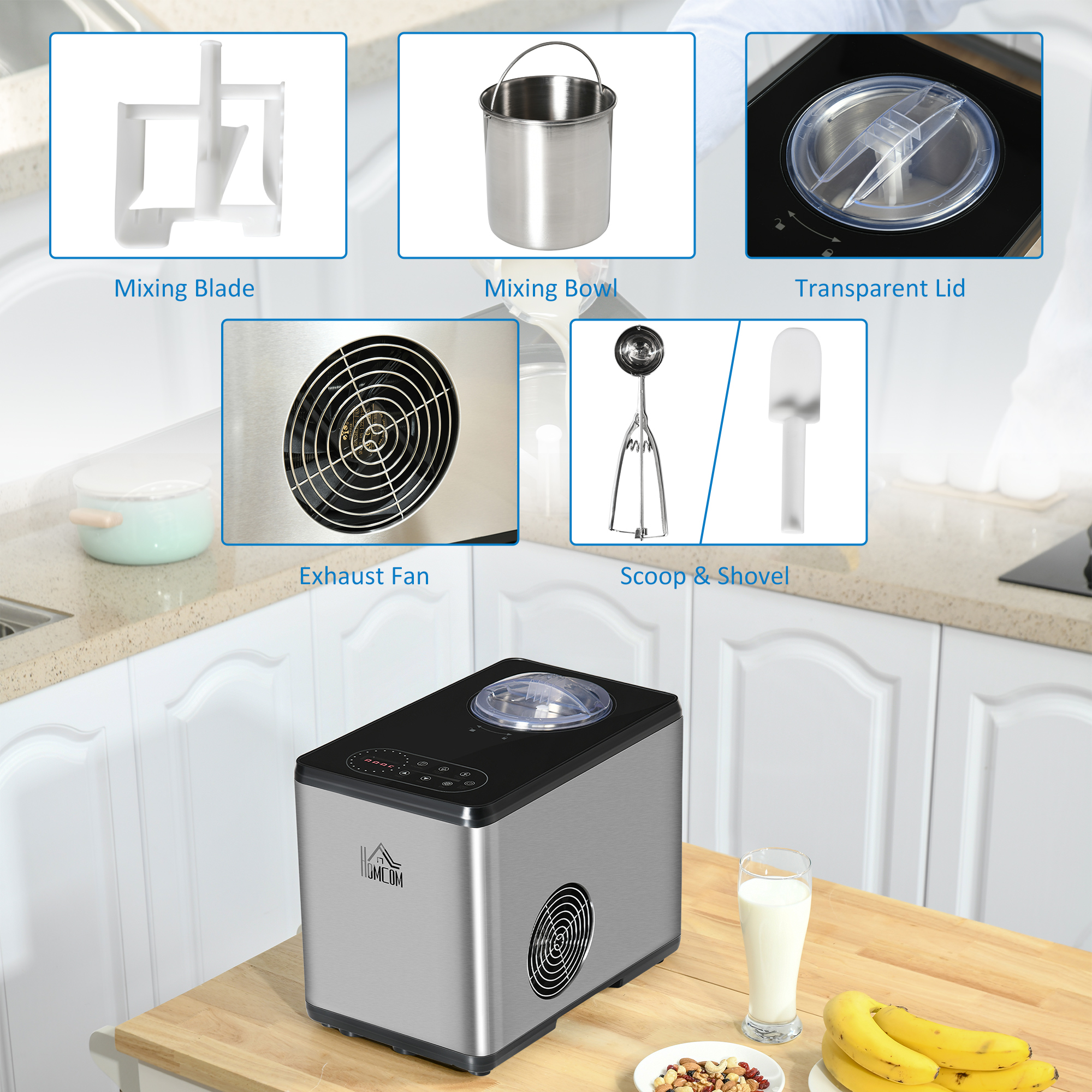 HOMCOM Ice Cream Maker Machine, 1.5L Stainless Steel Gelato, Sorbet ...