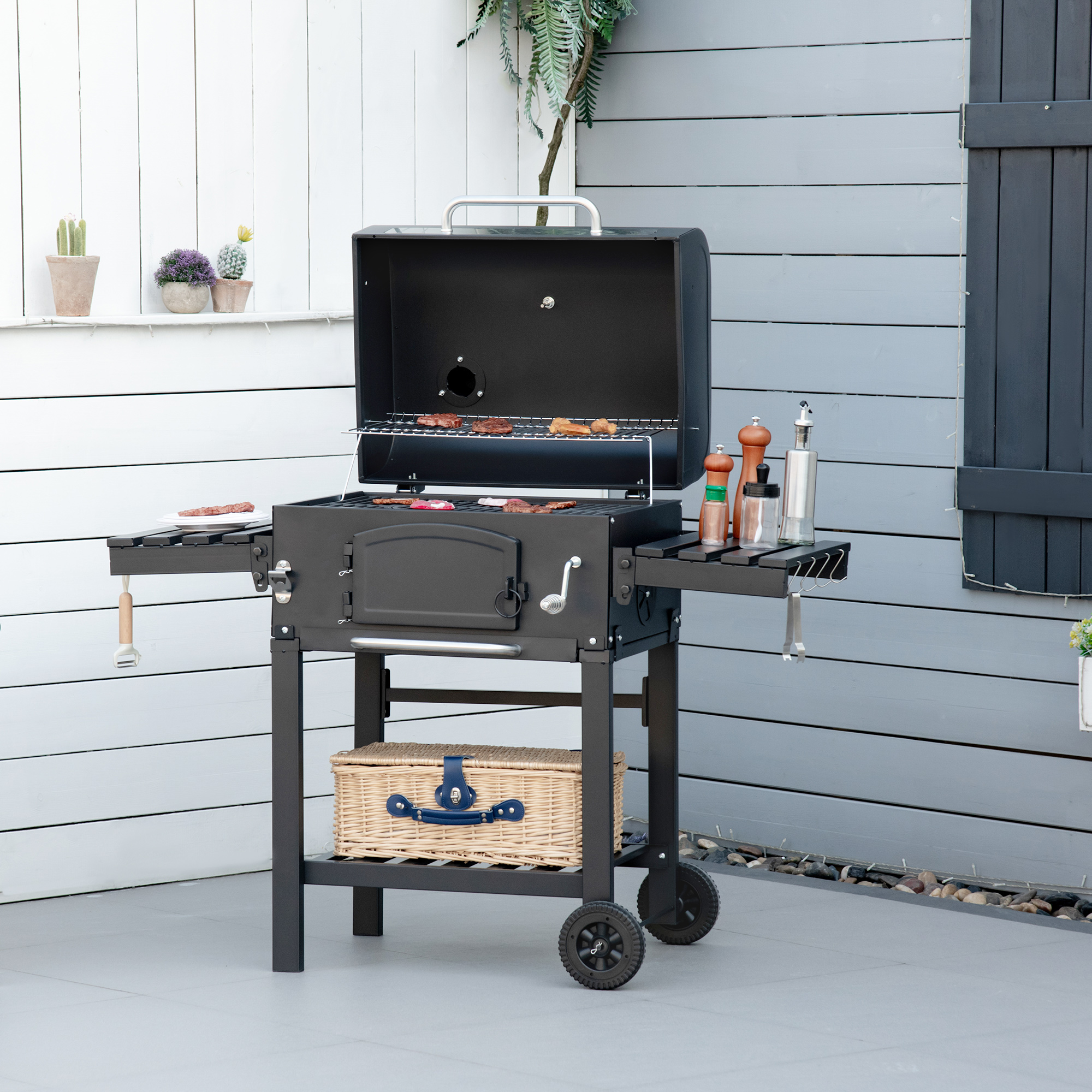 Outsunny Charcoal BBQ Trolley with Adjustable Charcoal Height, Charcoal ...