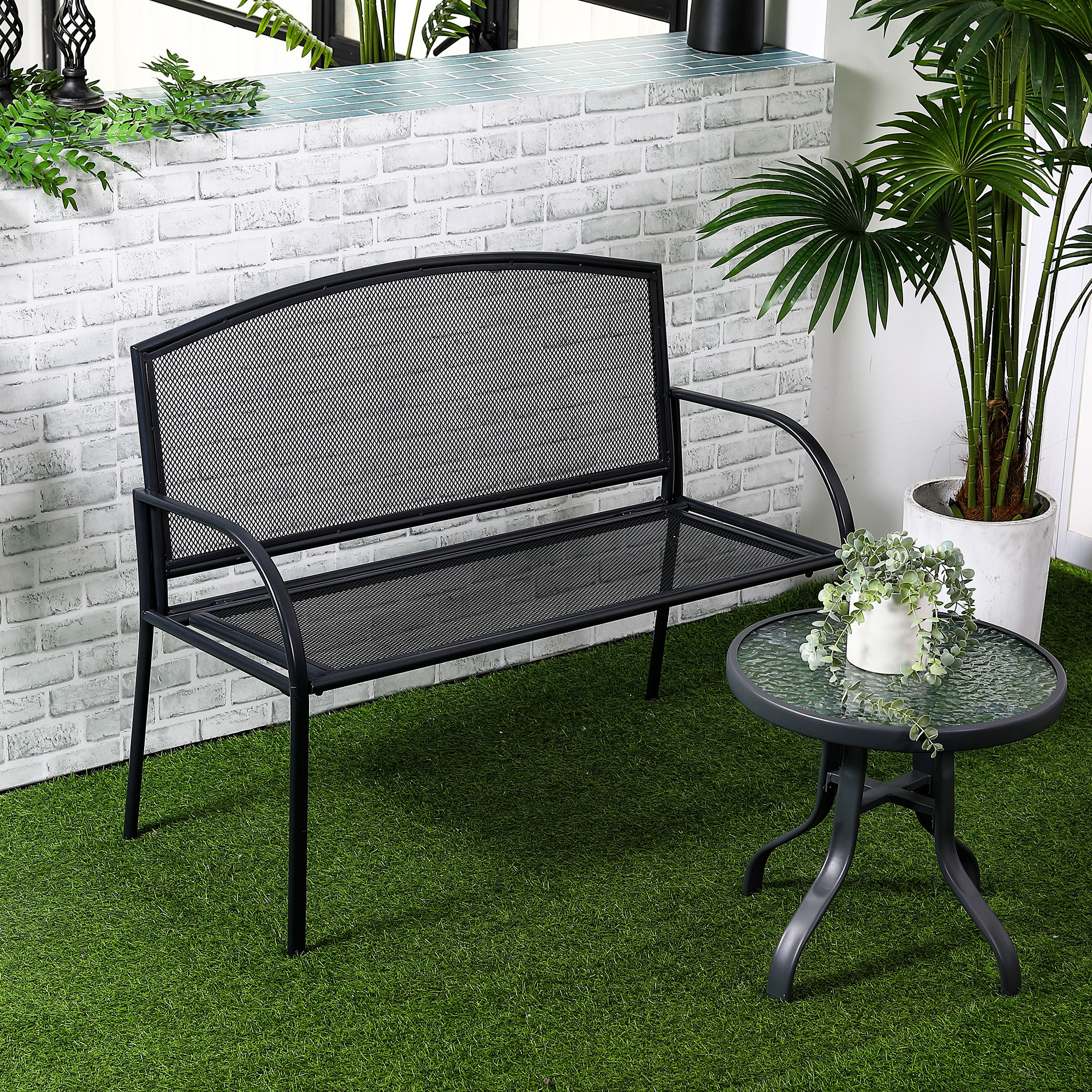 Outsunny Metal Garden Bench, 2 Seater Outdoor Furniture Chair, Loveseat ...