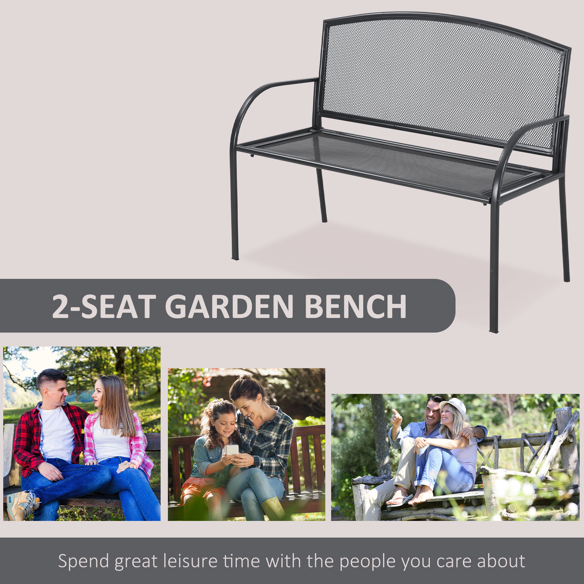 Outsunny Metal Garden Bench, 2 Seater Outdoor Furniture Chair, Loveseat ...