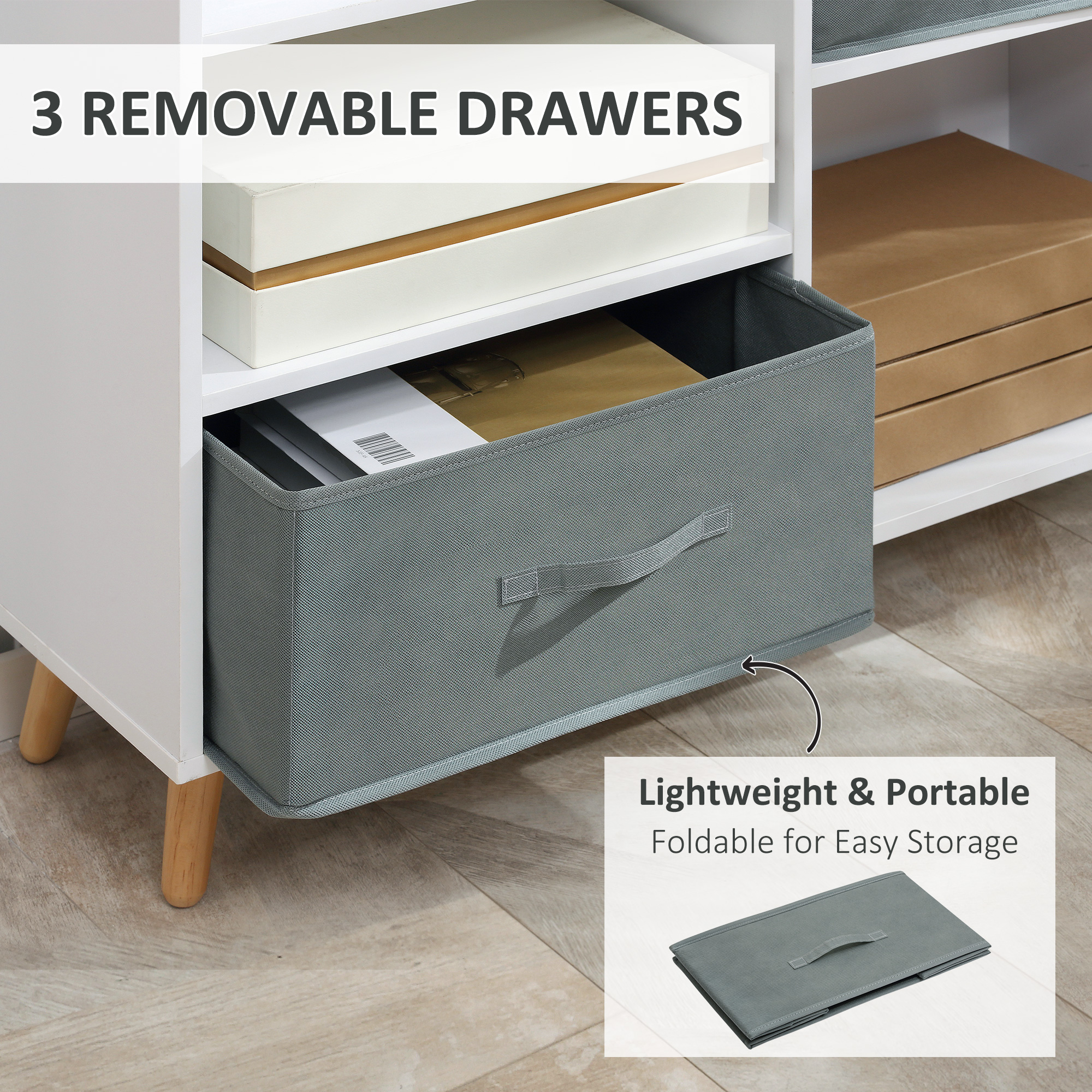 Freestanding 7 Cube Storage Cabinet, Shelving Unit with 3 Fabric ...