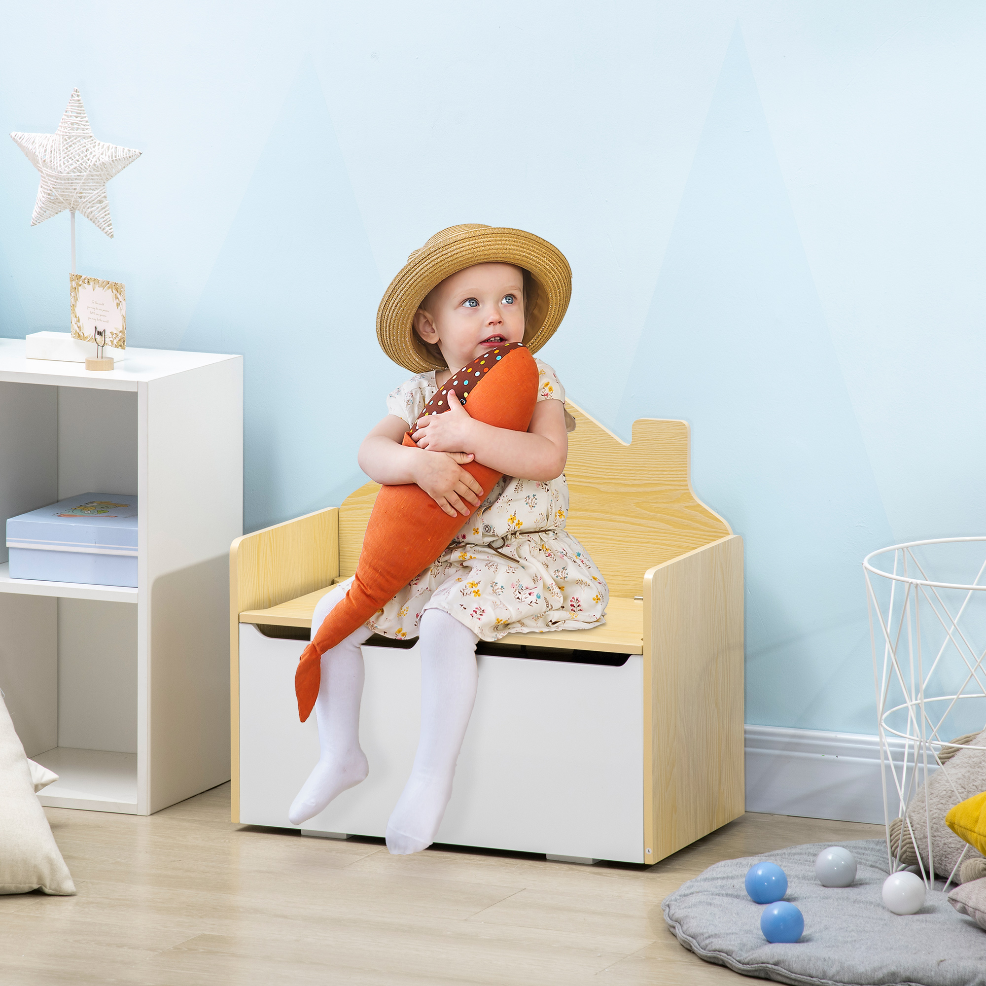 Kids Storage Bench, with Lid Pressure Rod - White on Anglia Market