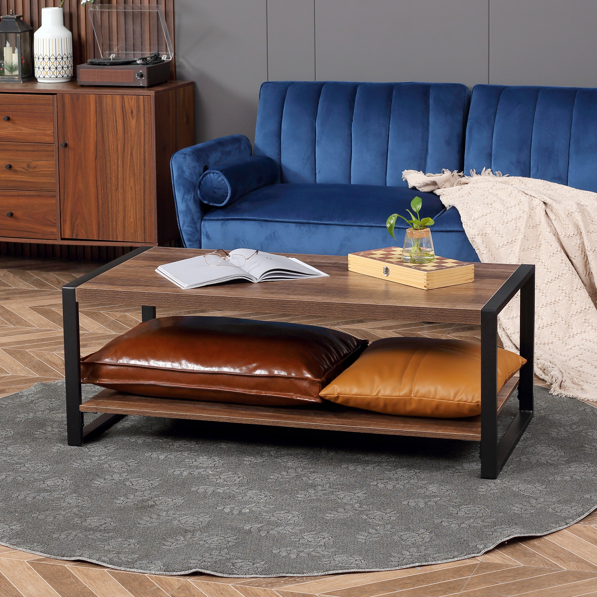 Industrial Coffee Table with Shelf and Steel Frame for Living Room ...