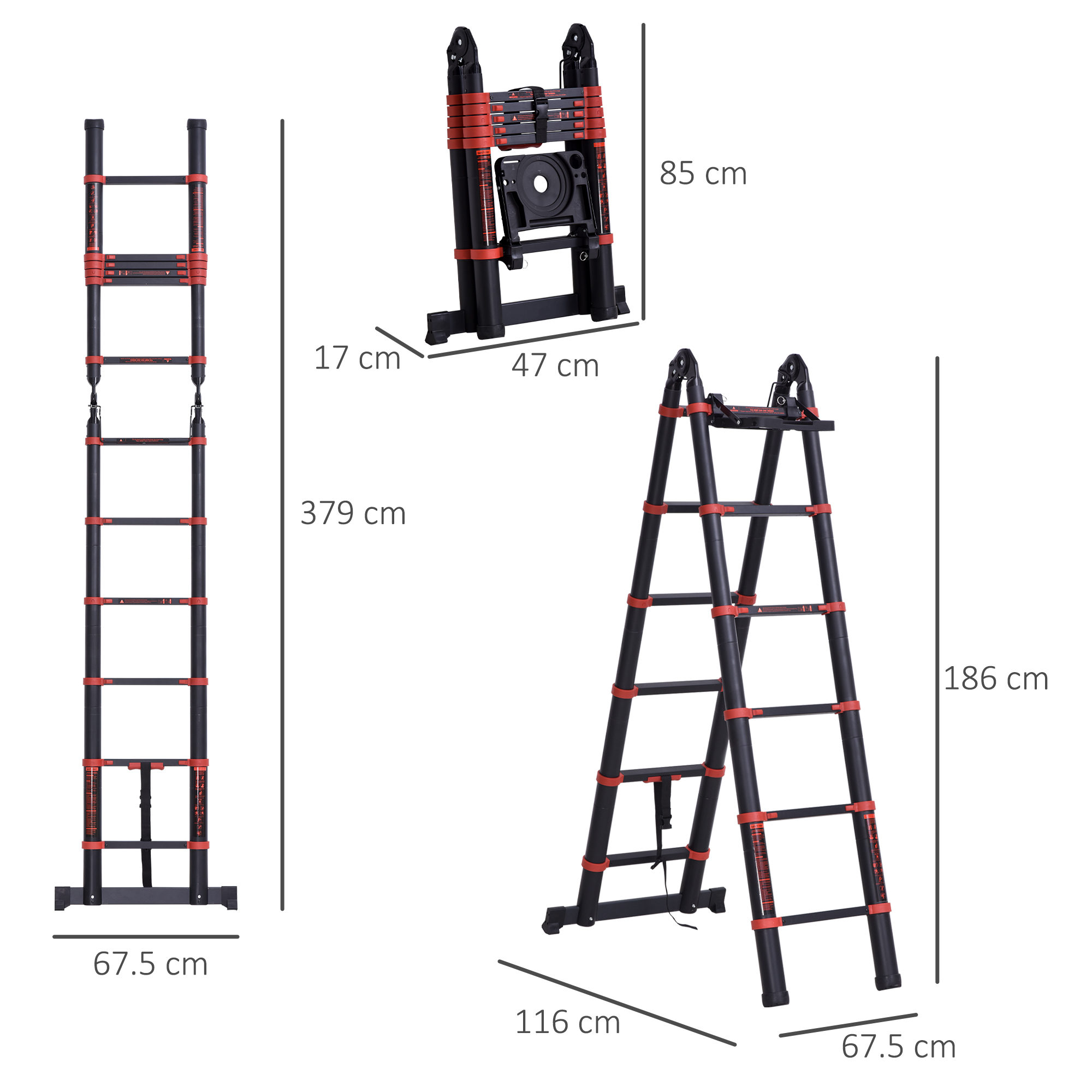 HOMCOM 3.8M Duo Aluminium Ladder w/ Tool Holder Herringbone Deployed ...