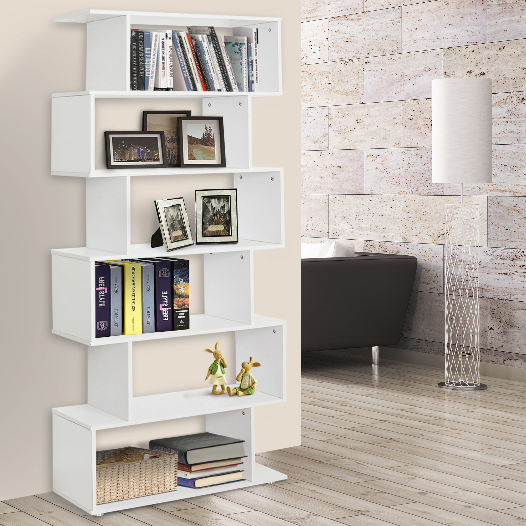 S Shape Wooden 6-tier Bookshelf Open Concept Bookcase Storage Display ...