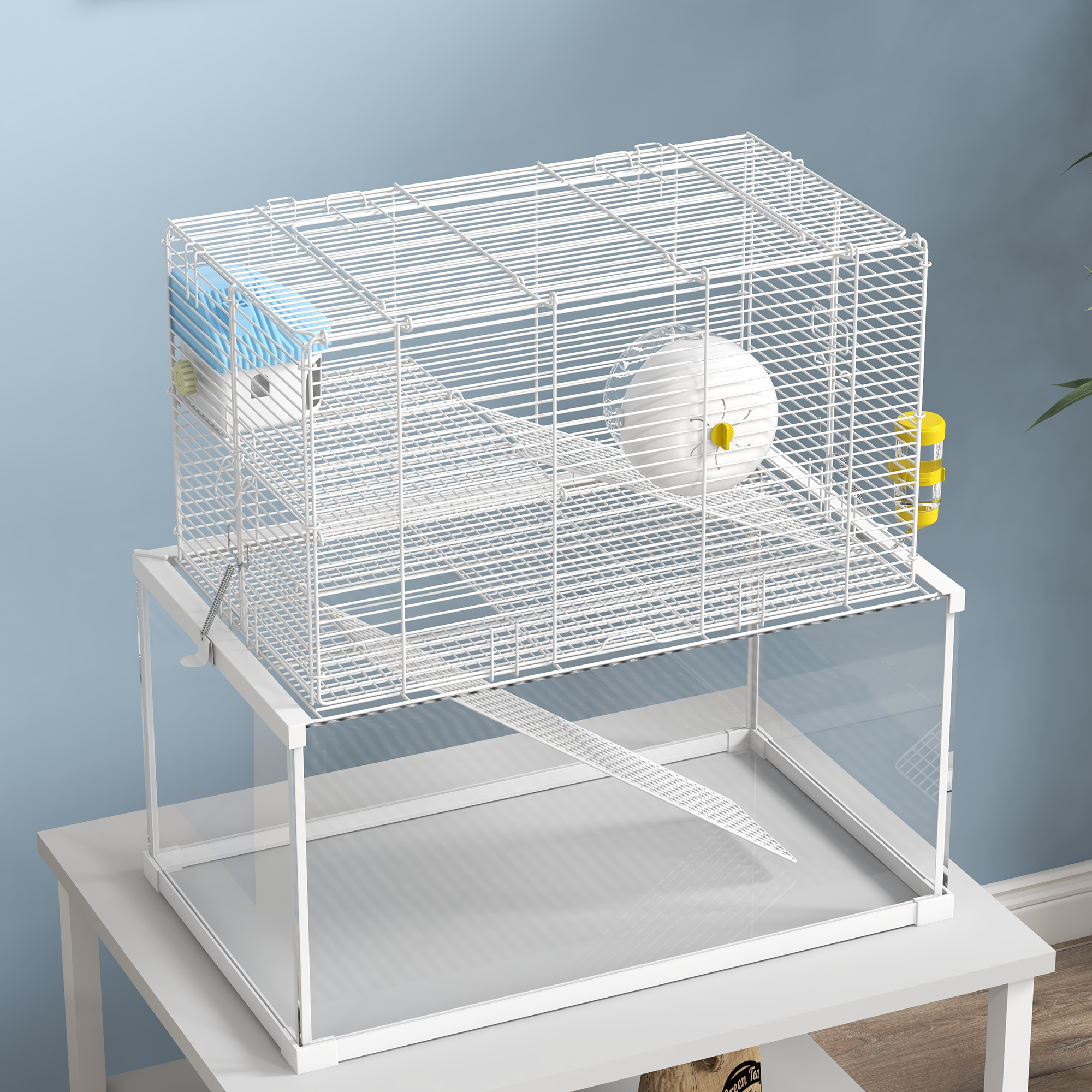 PawHut Gerbil Cage, Dwarf Hamster Cage w/ Deep Glass Bottom, Ramps ...