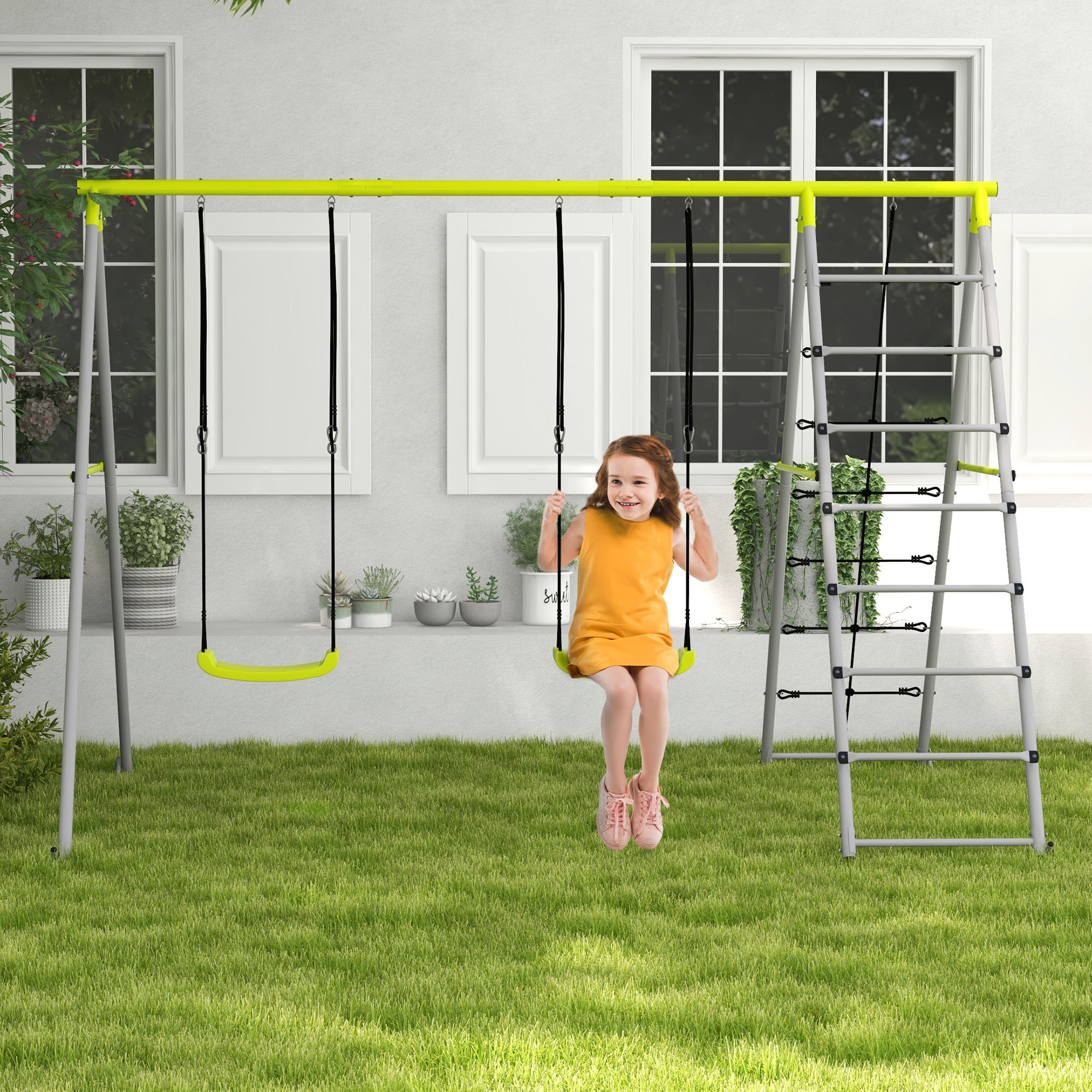 Outsunny 4 in 1 Metal Garden Swing Set with Double Swings Climber ...