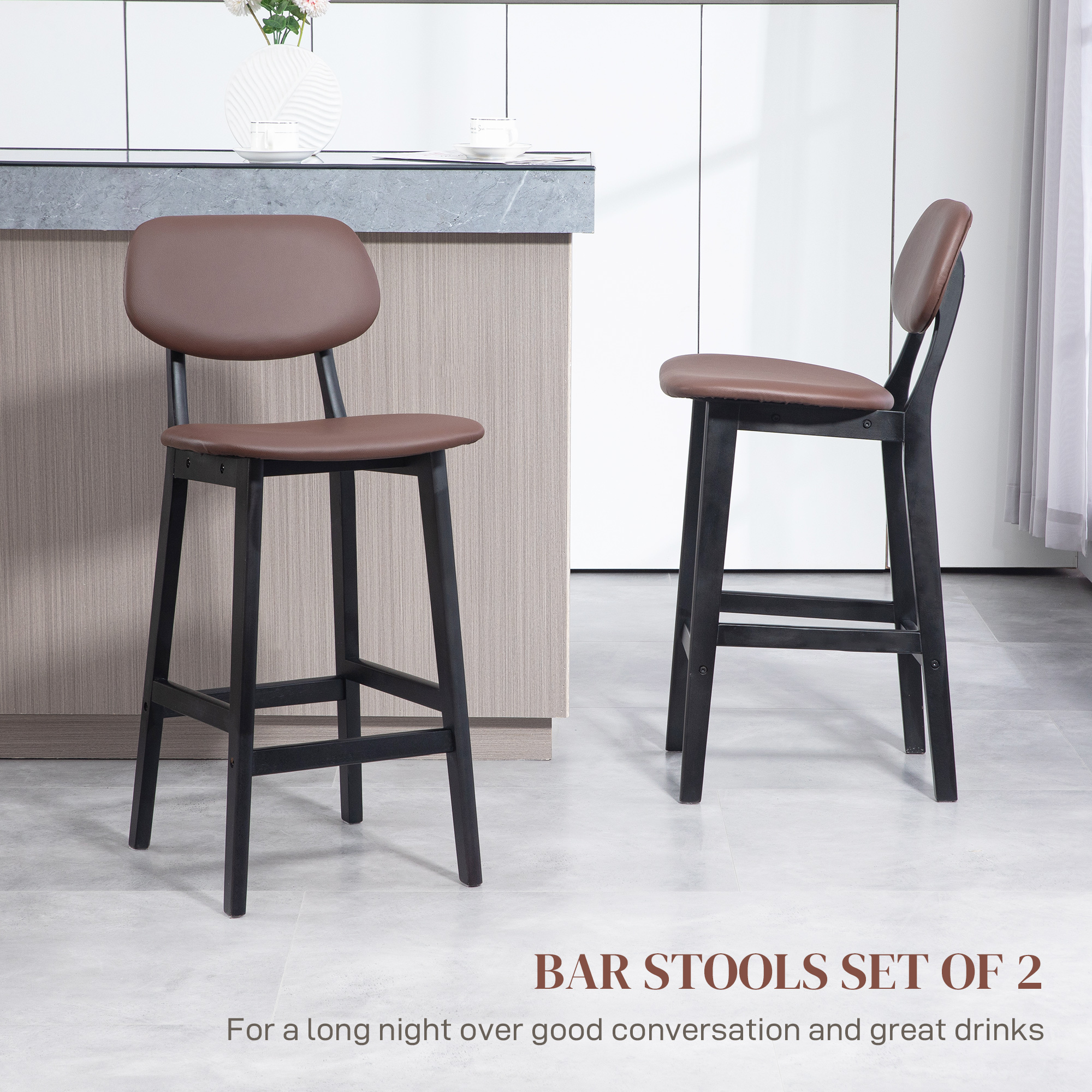 HOMCOM Bar Stools Set of 2, Modern Breakfast Bar Chairs, Faux Leather ...