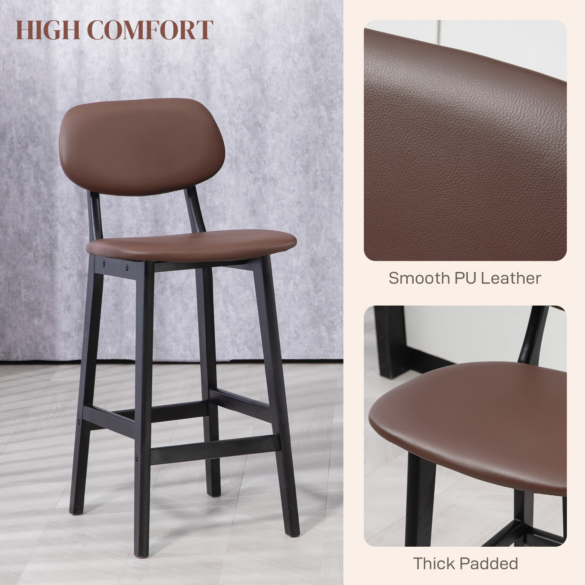 HOMCOM Bar Stools Set of 2, Modern Breakfast Bar Chairs, Faux Leather ...