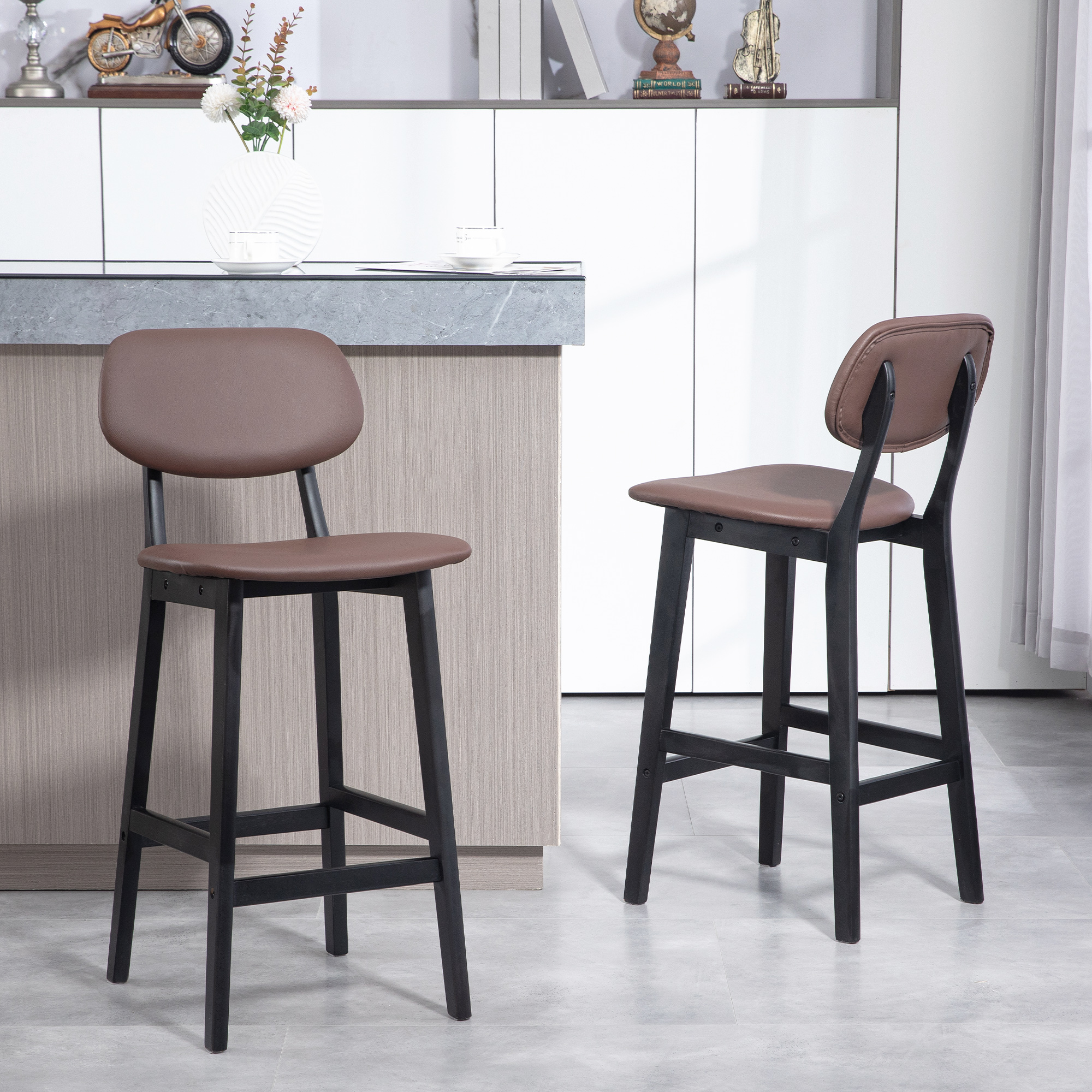 HOMCOM Bar Stools Set of 2, Modern Breakfast Bar Chairs, Faux Leather ...