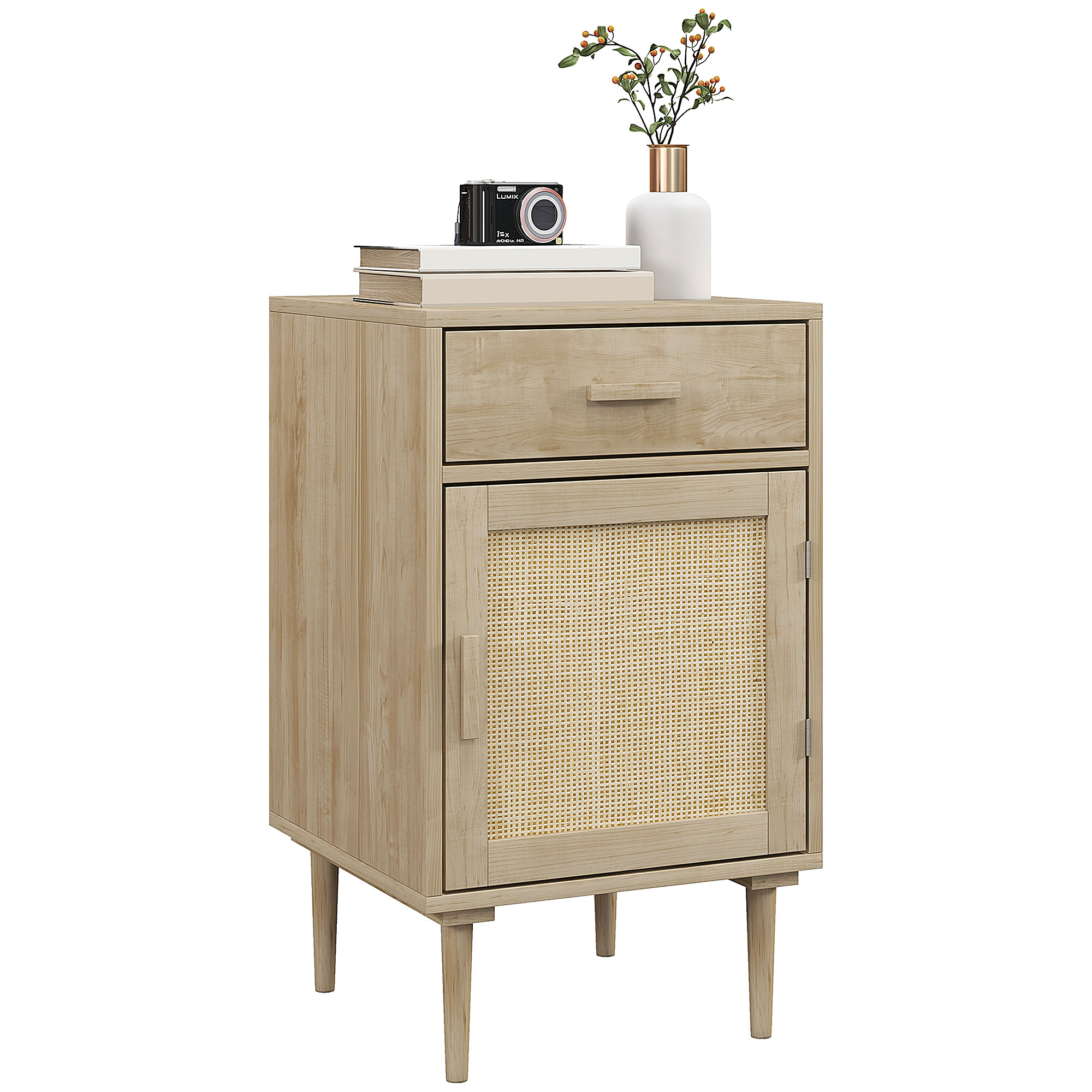 Bedside Table, Rattan Side Tables with Drawer, Cabinet and Adjustable ...