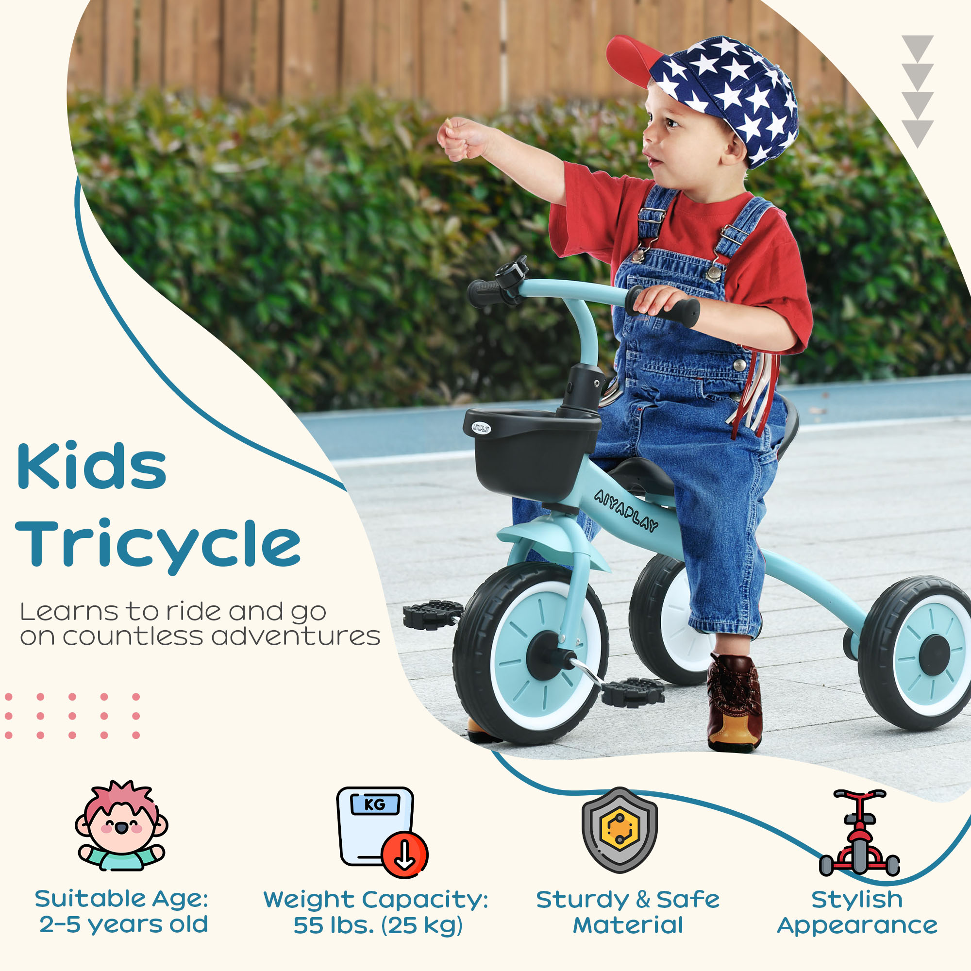 Kids Trike, Tricycle, with Adjustable Seat, Basket, Bell, for Ages 2-5 ...