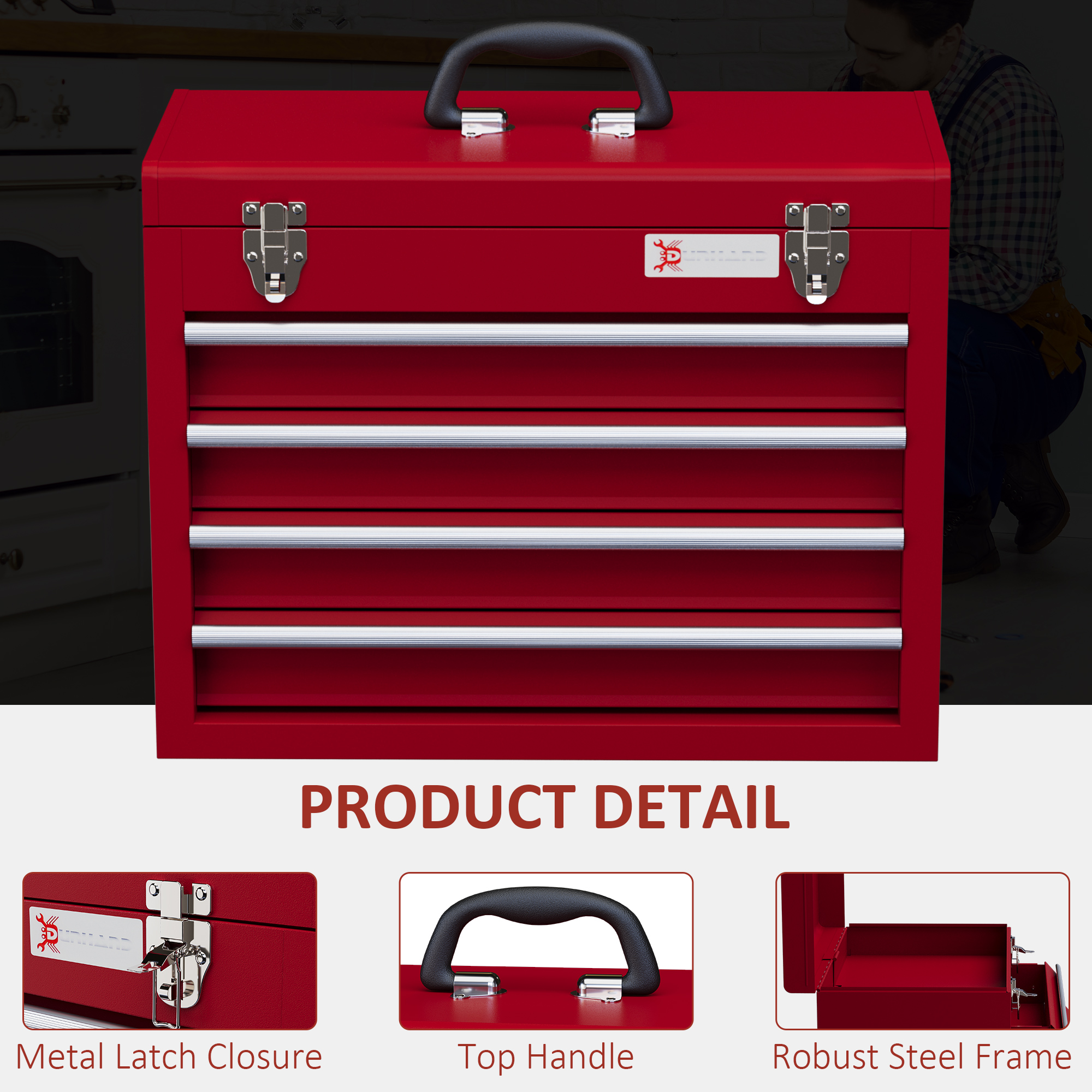 Lockable Metal Tool Box, 4 Drawer Tool Chest with Latches, Handle, Ball ...