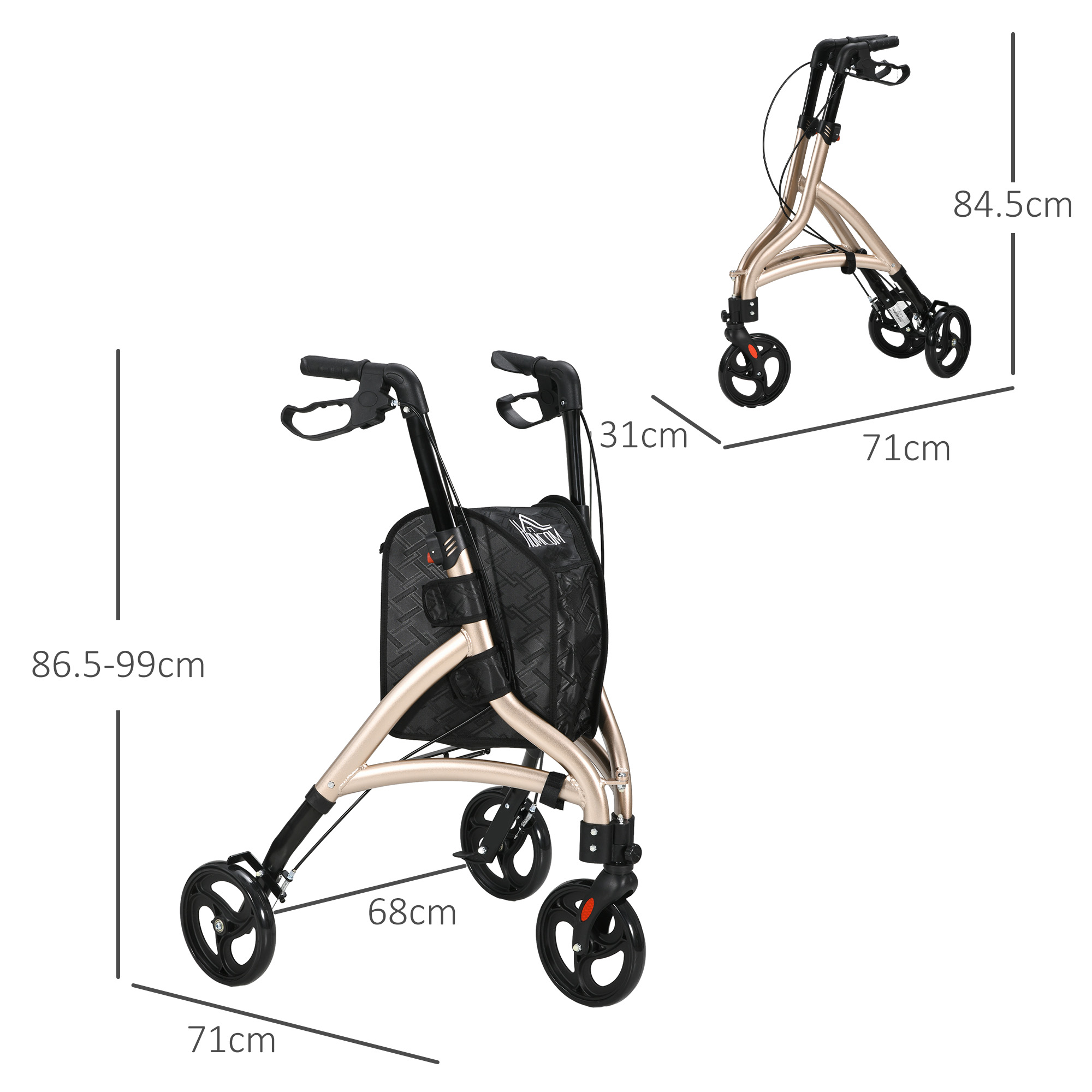 3 Wheel Rollator, Lightweight Aluminium Tri Walker with Adjustable Handle, Storage Bag and Dual ...