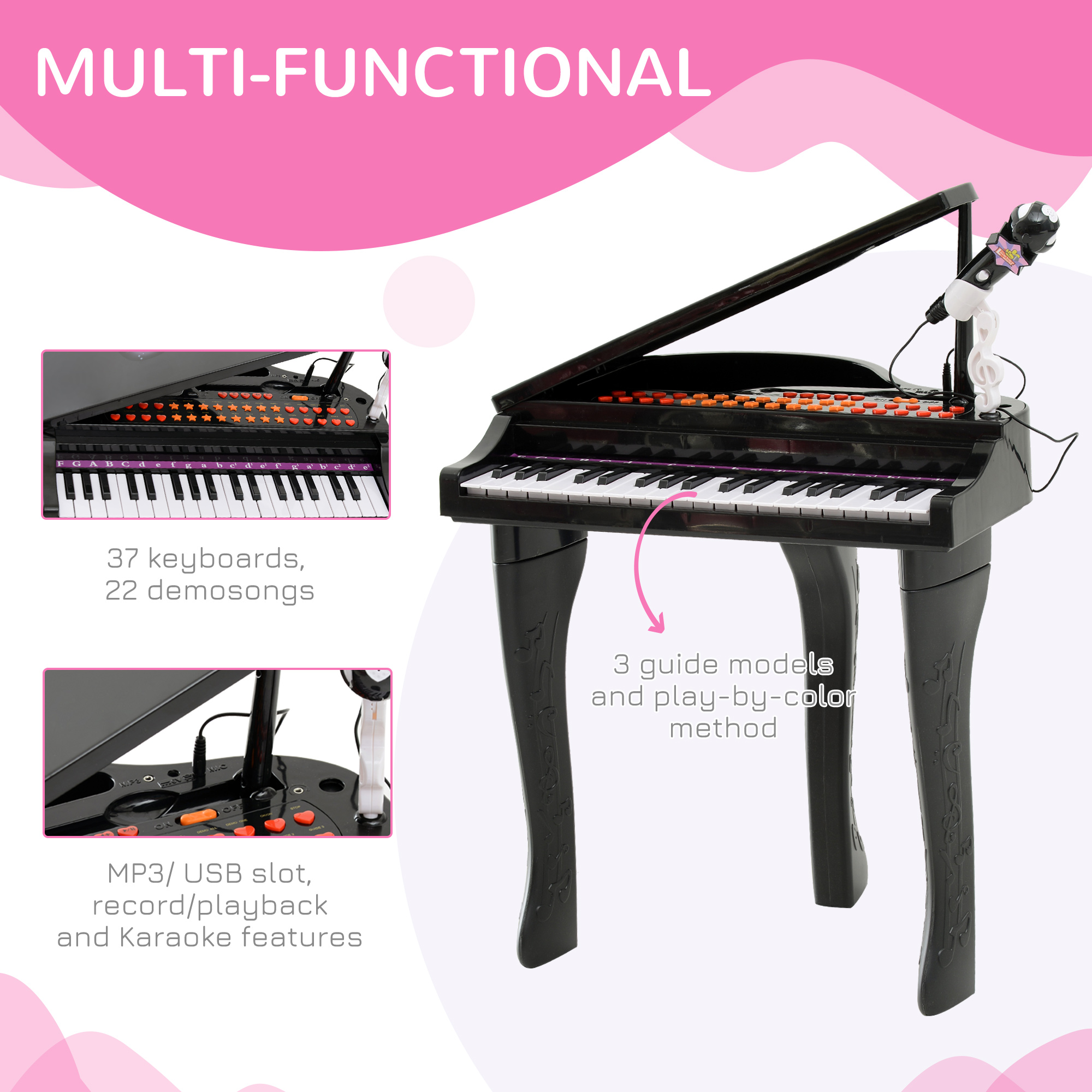 37 Keys Kids Mini Electronic Keyboard Children Grand Piano with Stool ...