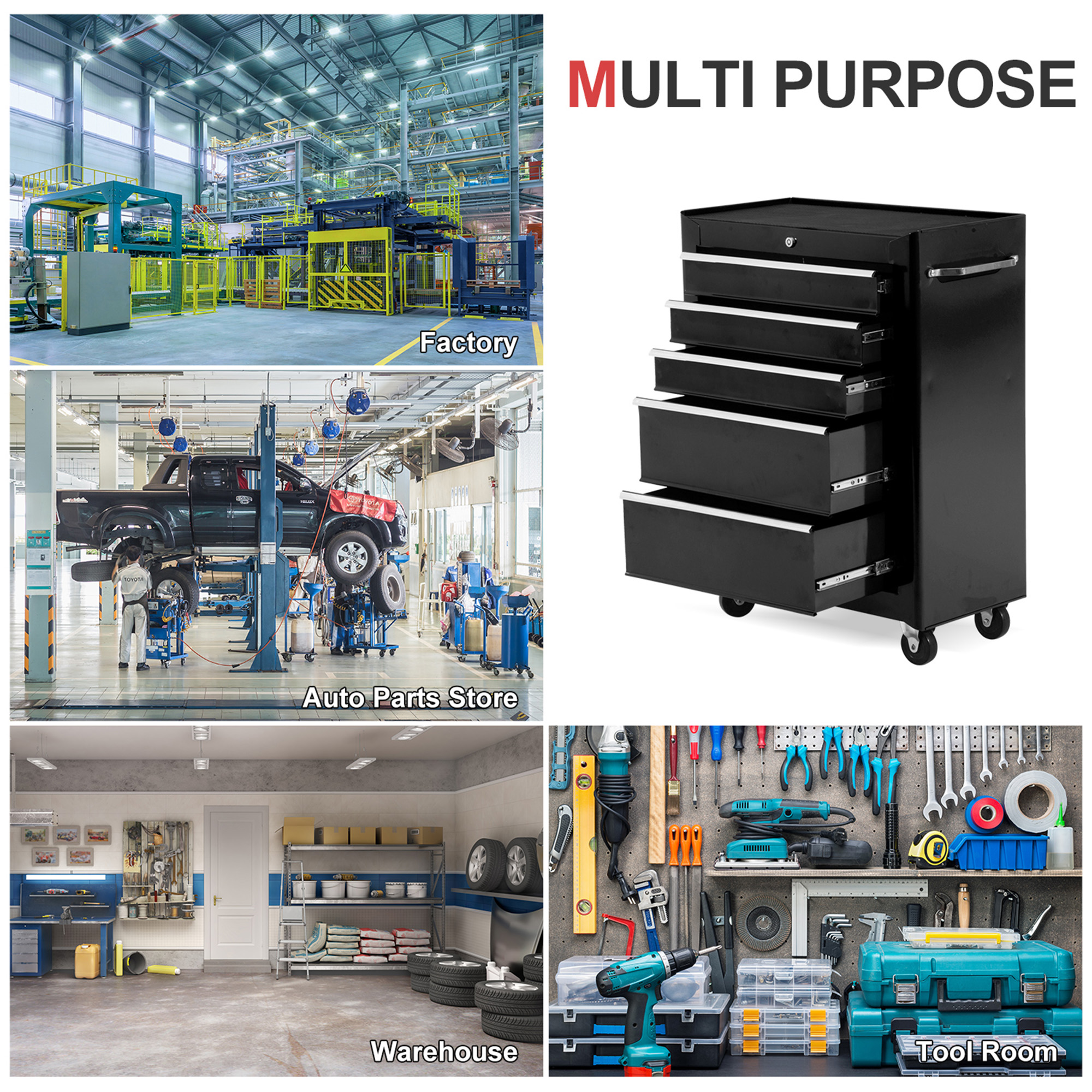 5-Drawer Tool Chest, Lockable Steel Tool Storage Cabinet with Wheels ...