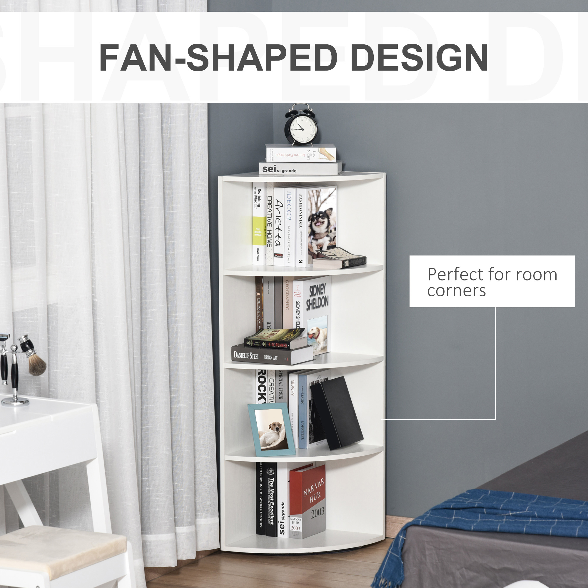 4-Tier Corner Open Shelf Bookcase Fan Bookshelf Plants Stand Wood ...