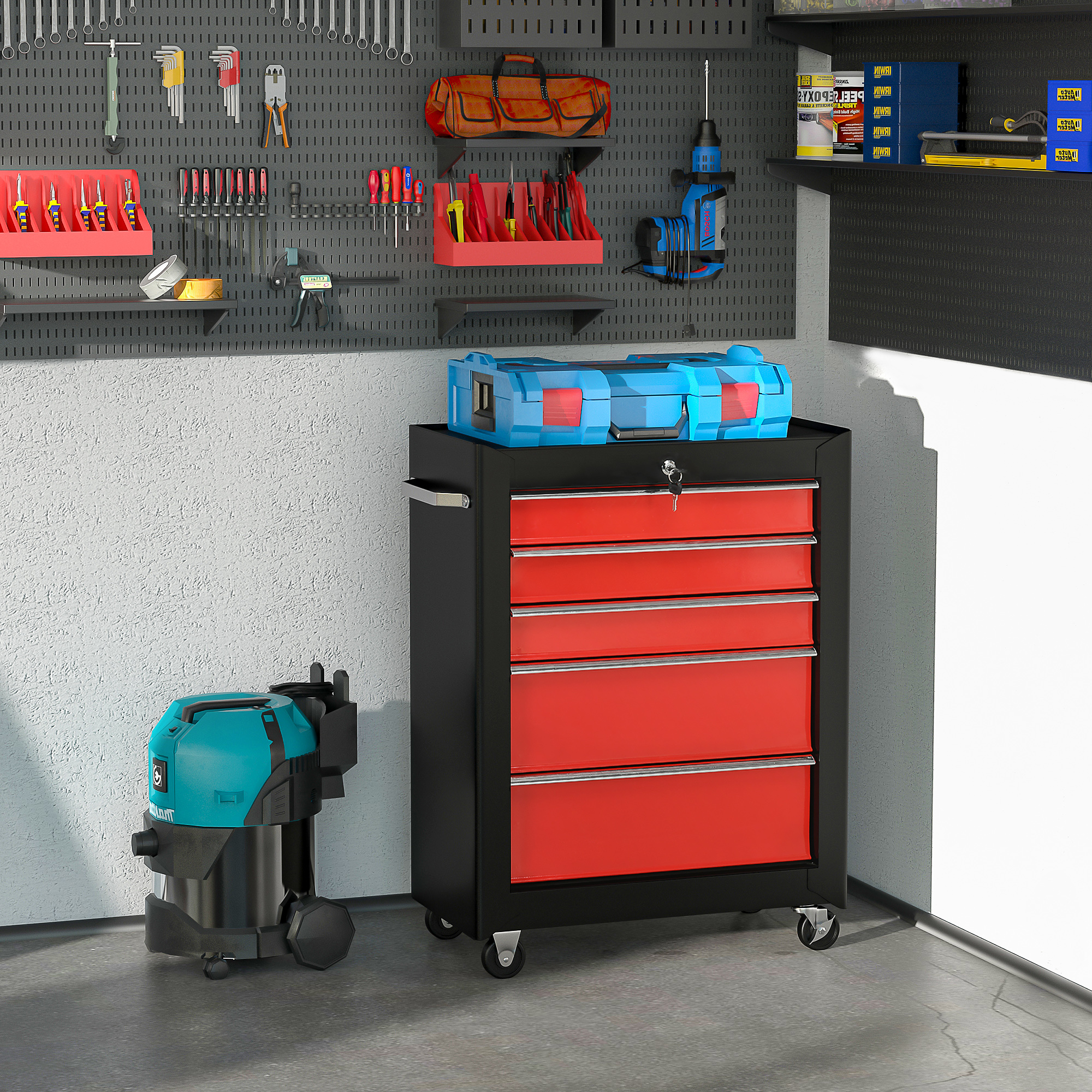 5-Drawer Tool Chest, Lockable Steel Tool Storage Cabinet with Wheels ...