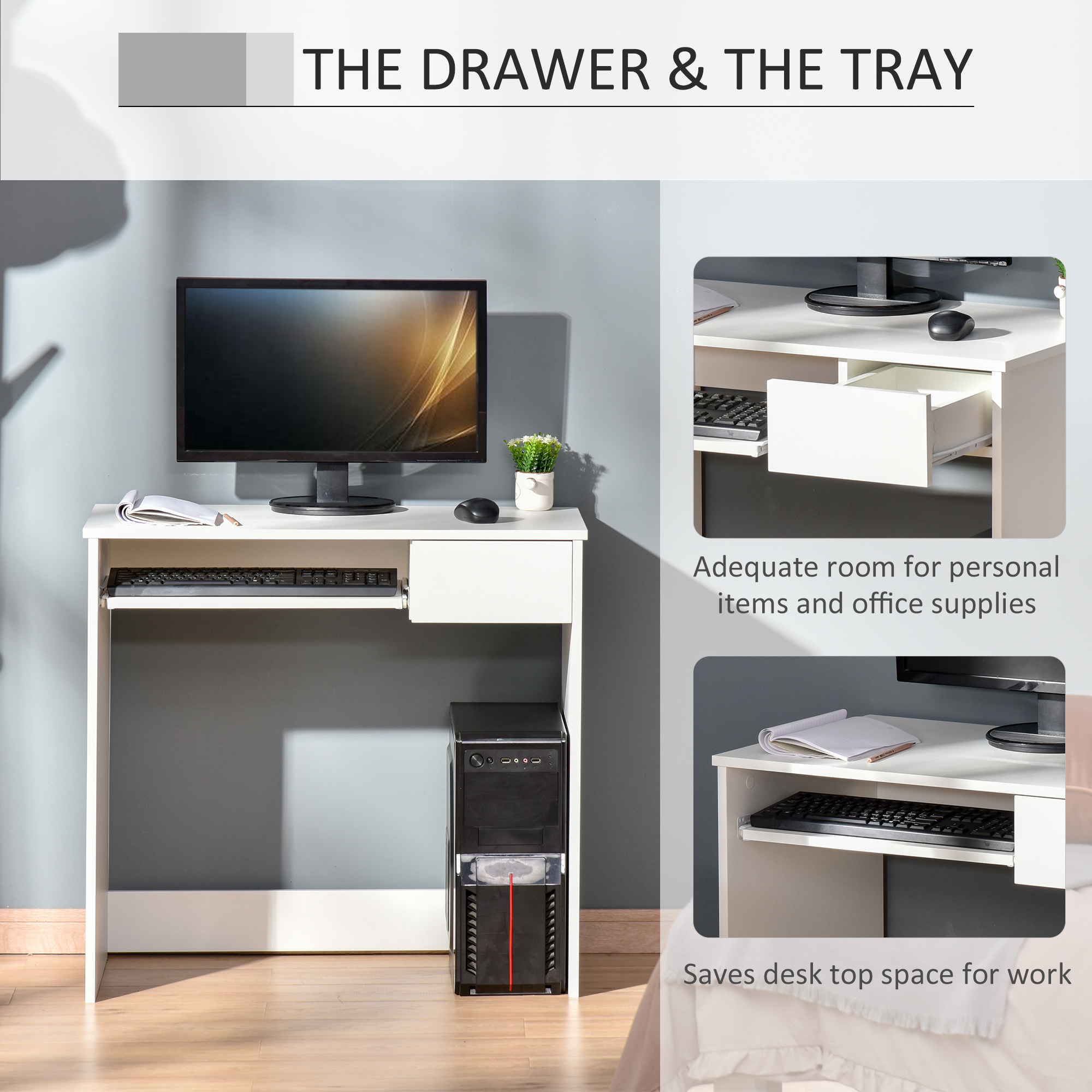 80cm Compact Computer Desk with Keyboard Tray, Home Office Desk with ...