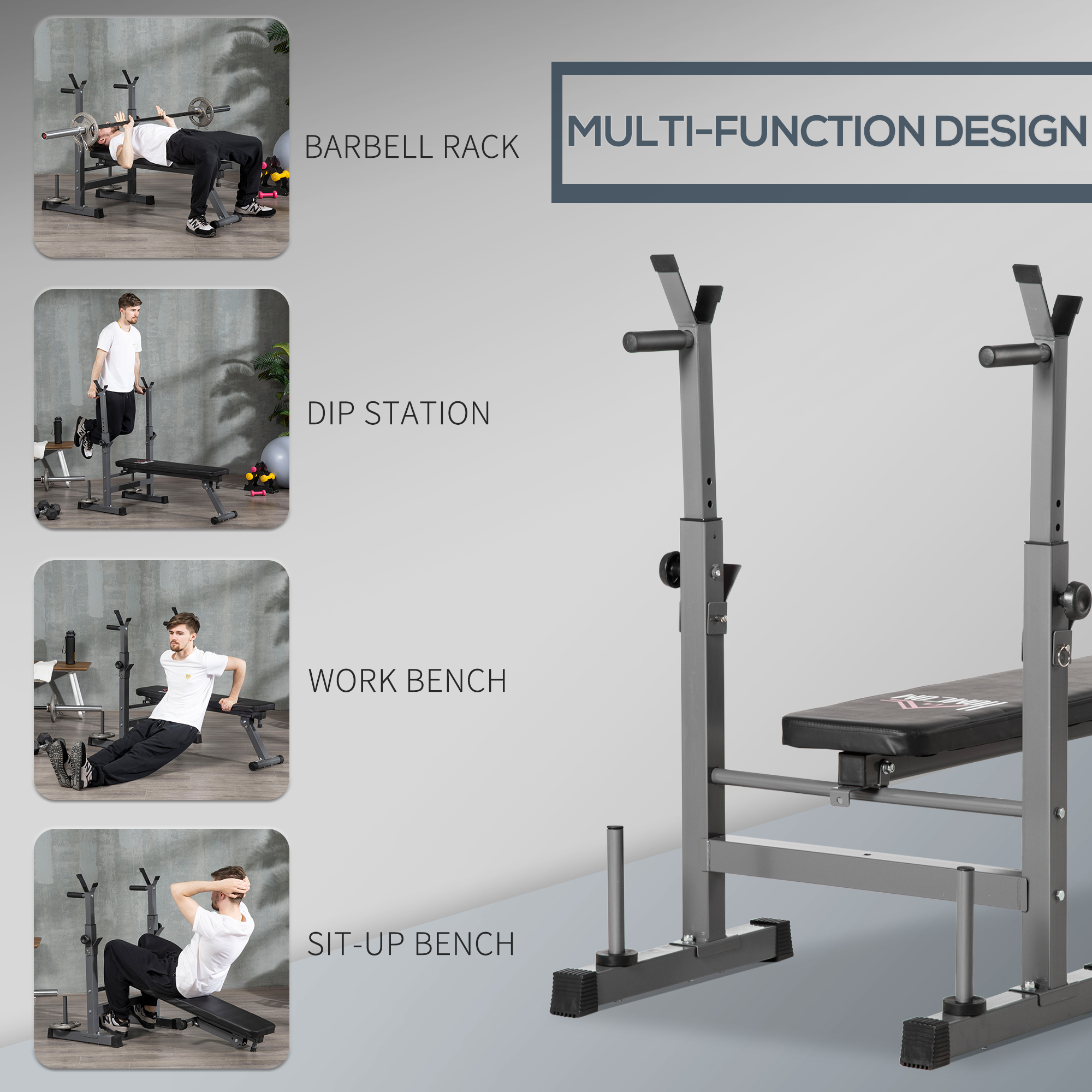 Adjustable Weight Bench, Foldable Bench, with Barbell Rack, Grey on ...