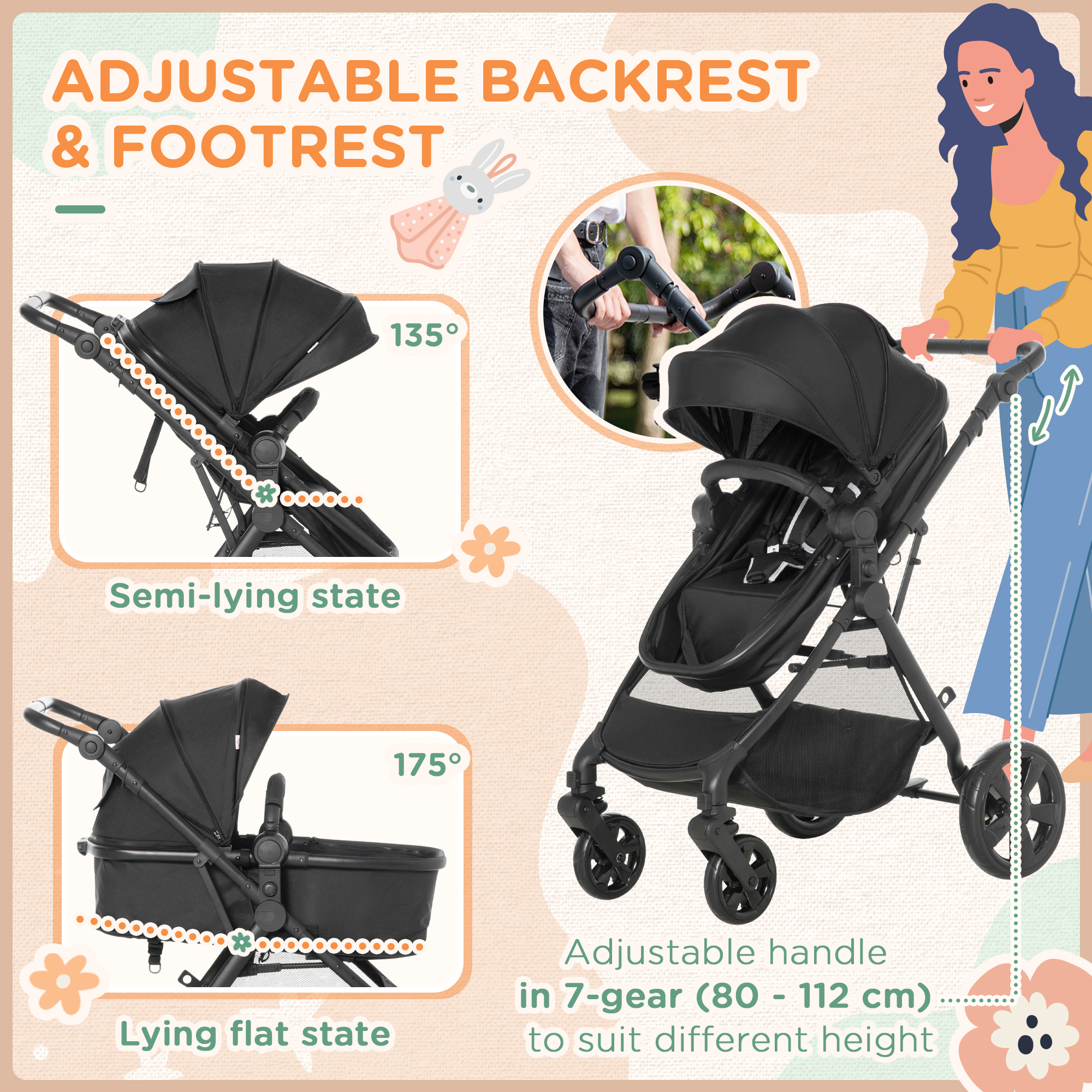 Foldable Baby Stoller, with Reclining Backrest, Adjustable Canopy, for ...