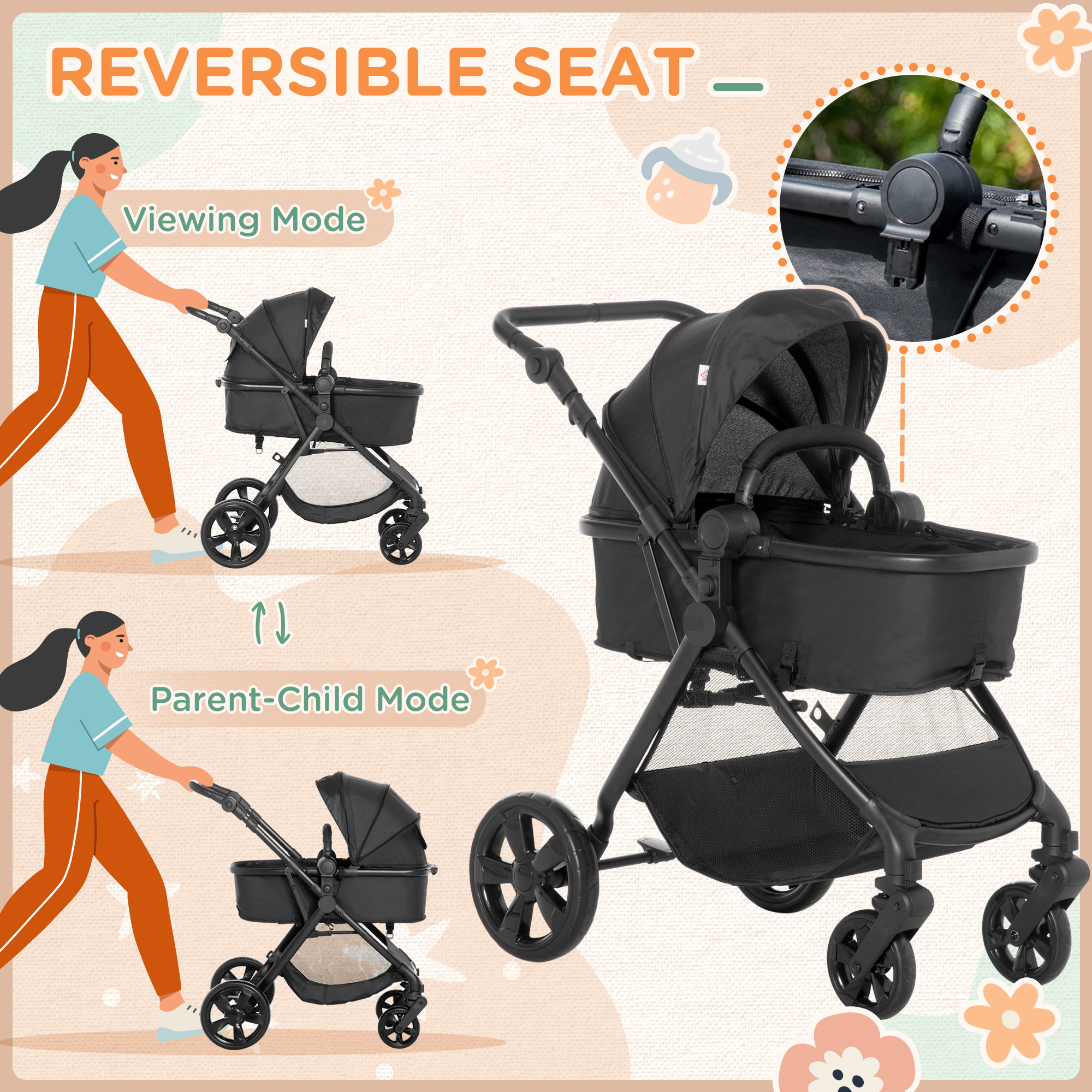 Foldable Baby Stoller, with Reclining Backrest, Adjustable Canopy, for ...