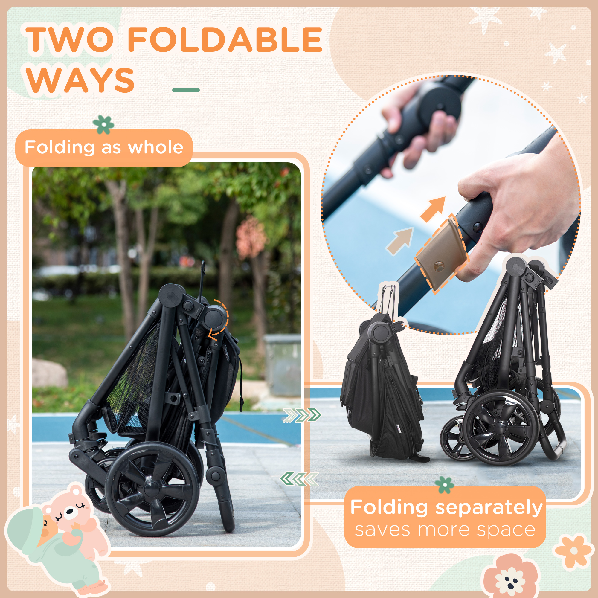 Foldable Baby Stoller, with Reclining Backrest, Adjustable Canopy, for ...
