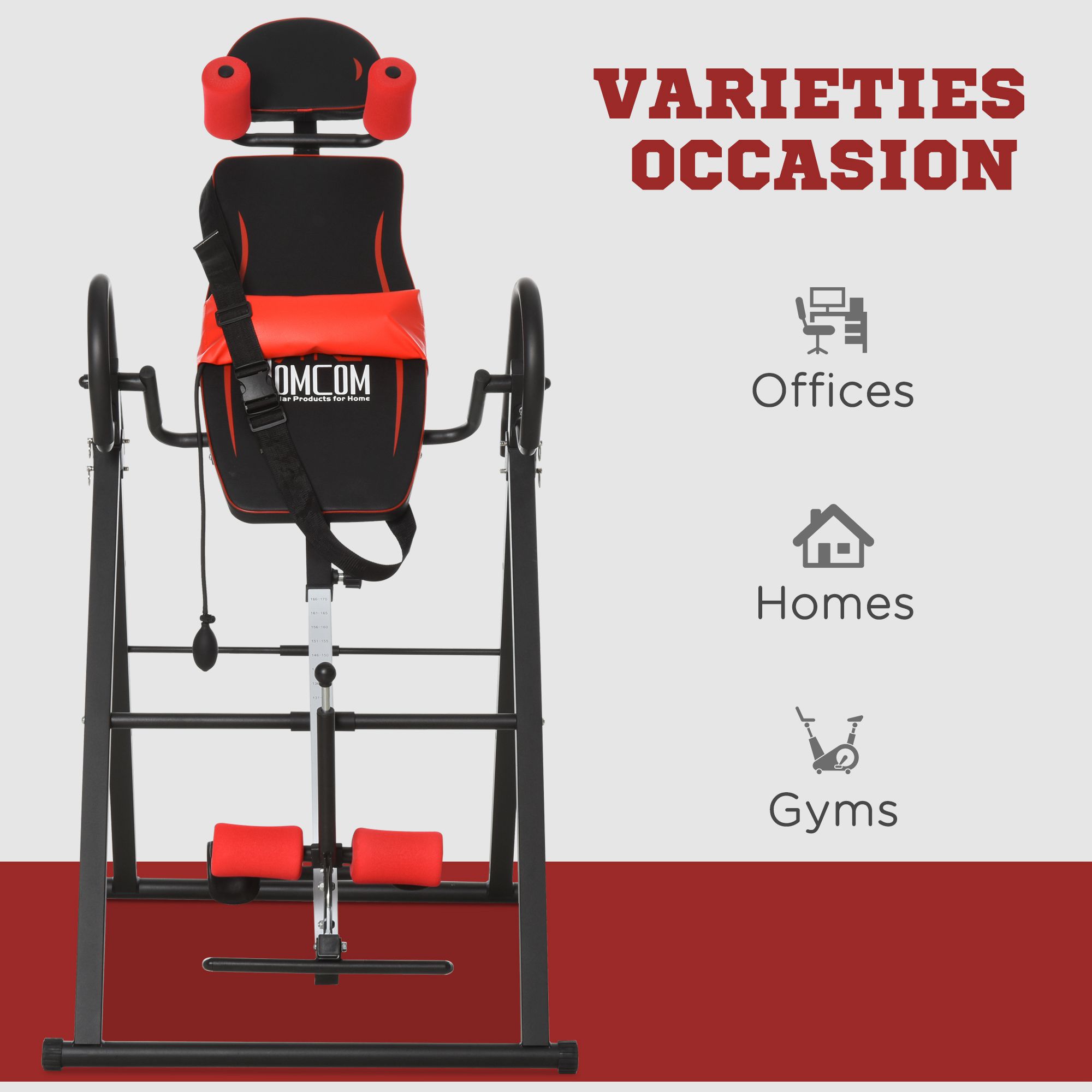 Gravity Inversion Table with Safety Belt Adjustable Hand Stand, Red on ...