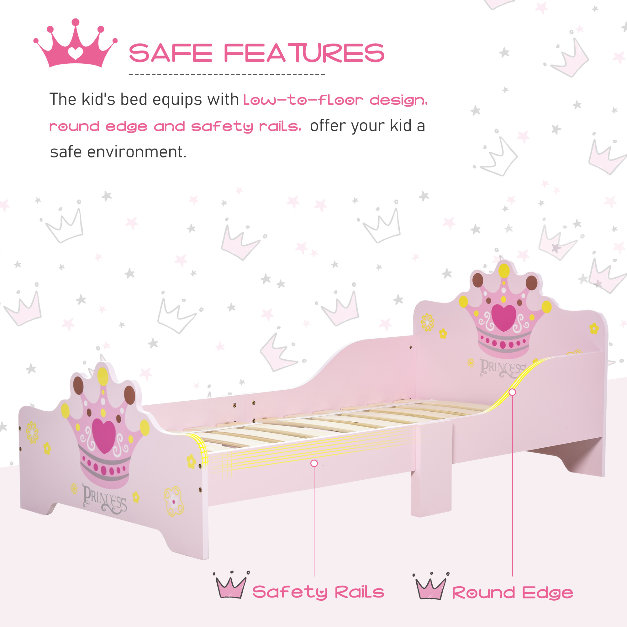 Kids Toddler Bed Princess Crown Theme Safety Side Rails Slats Home ...
