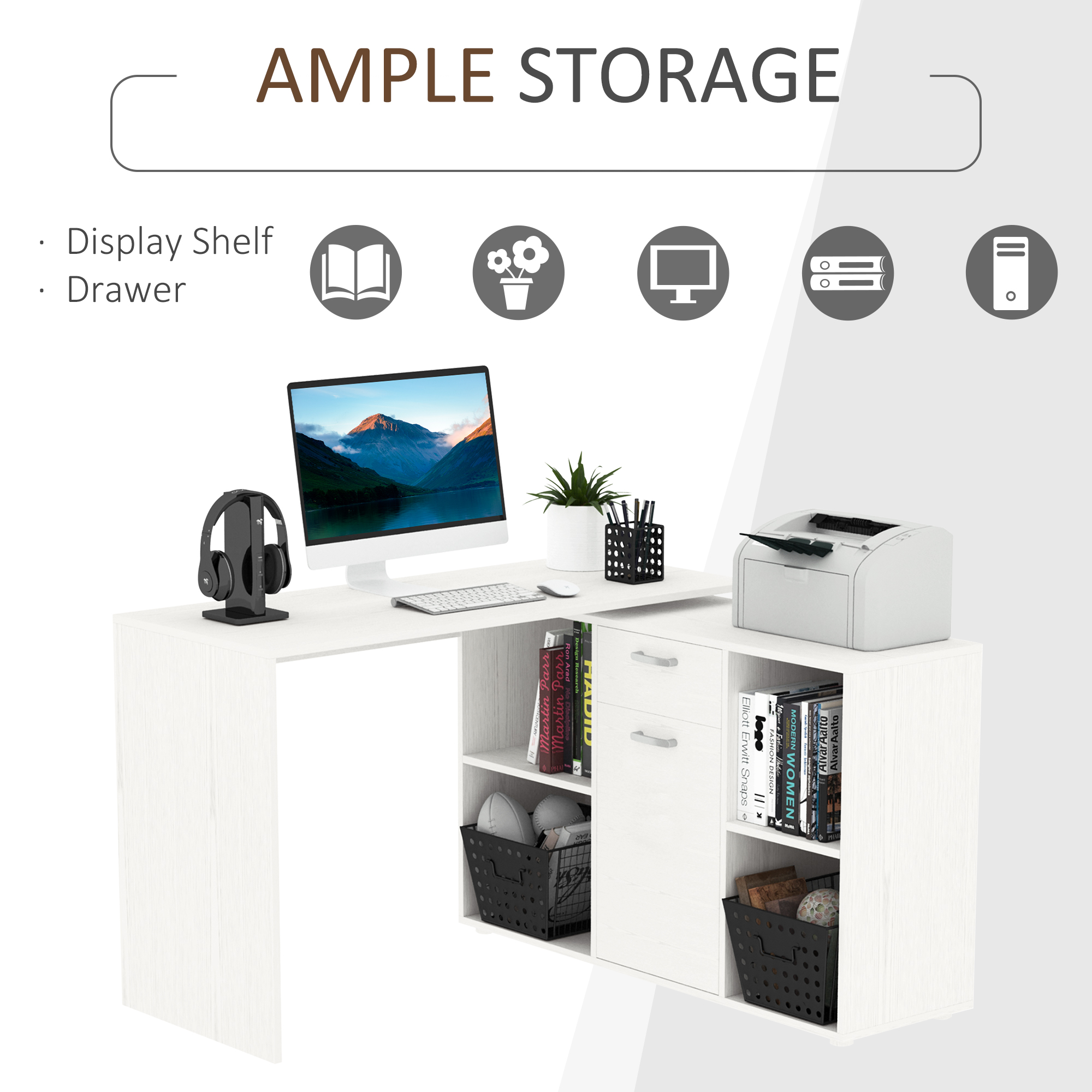 Buy L-Shaped Computer Desk with Storage Compartments, Drawer and ...
