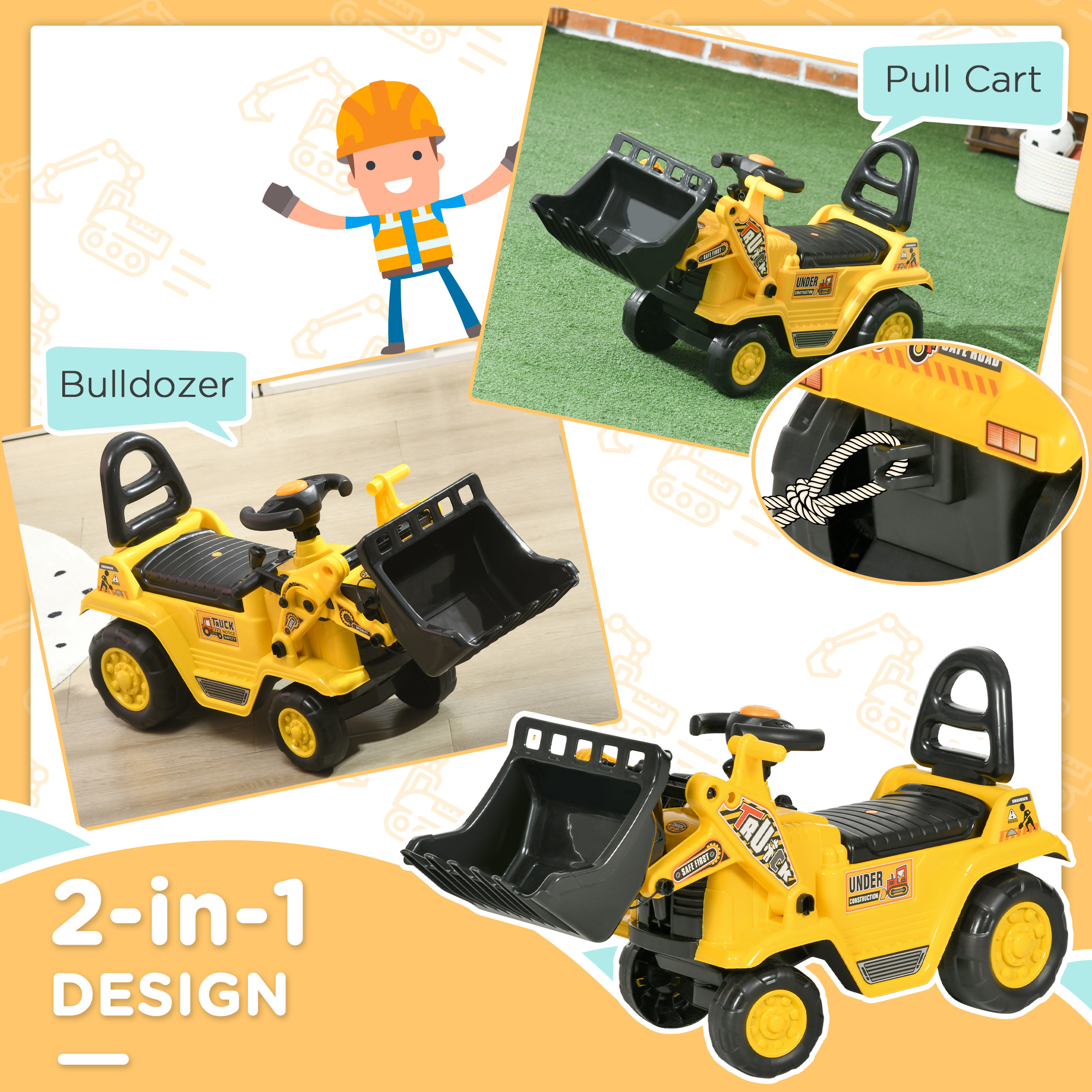 NO POWER 3 in 1 Ride On Toy Bulldozer Toddler Digger Excavator Scooter ...