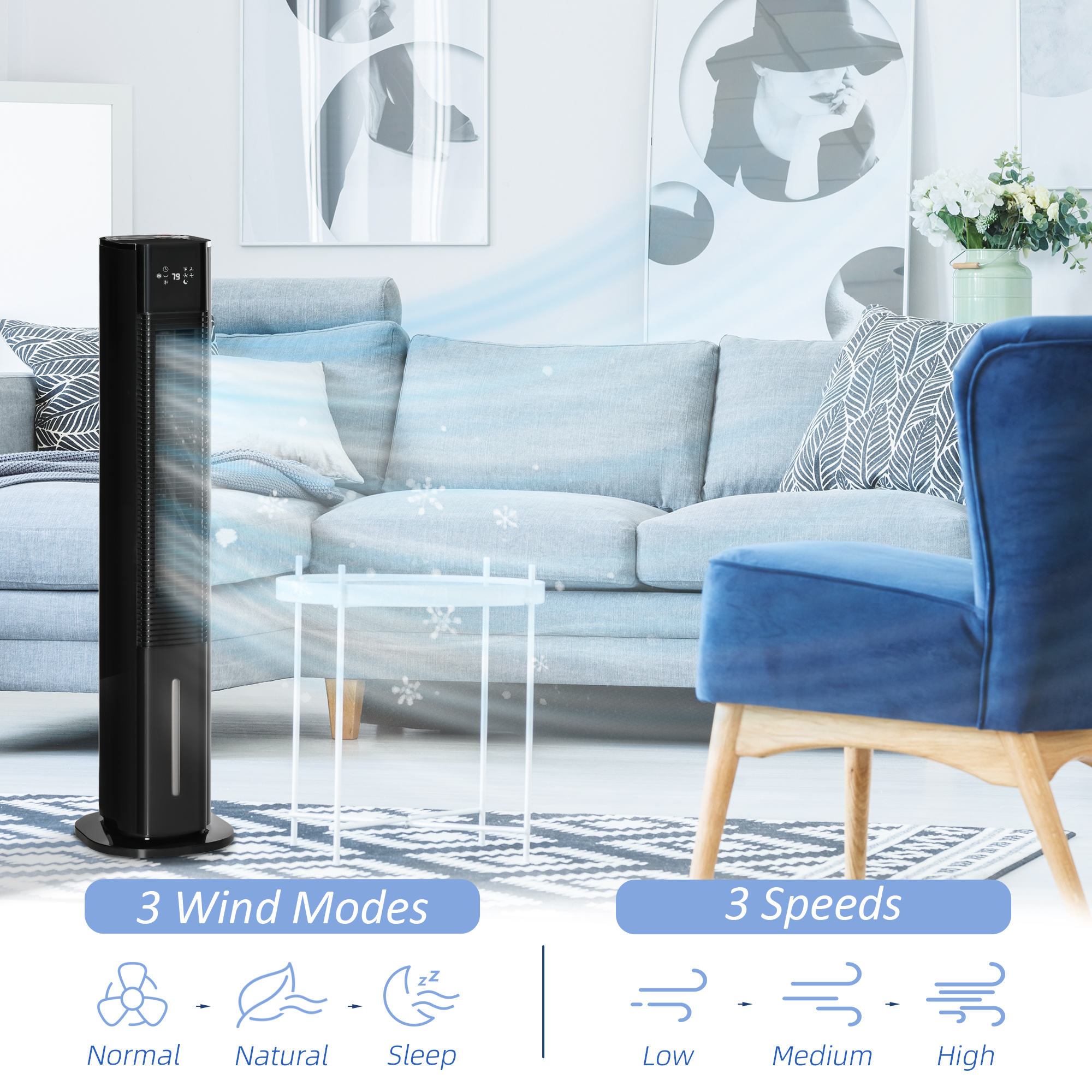 Nine Setting Tower Fan Humidifier, with Ice Boxes - Black on Anglia Market